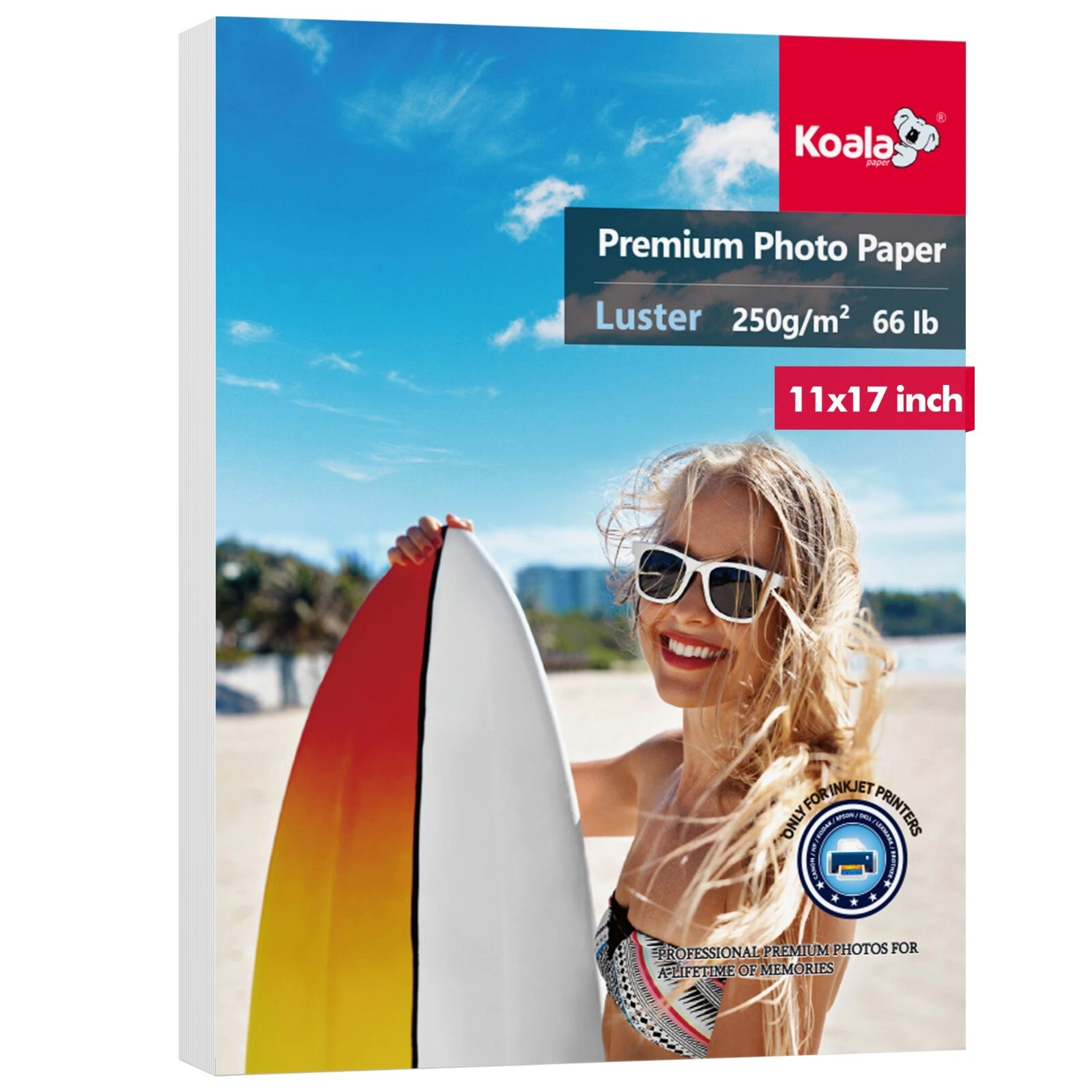 Koala Premium Luster Photo Paper 11x17 inch for Inkjet Printers, 66lb / 250gsm,50 Sheets Soft ...