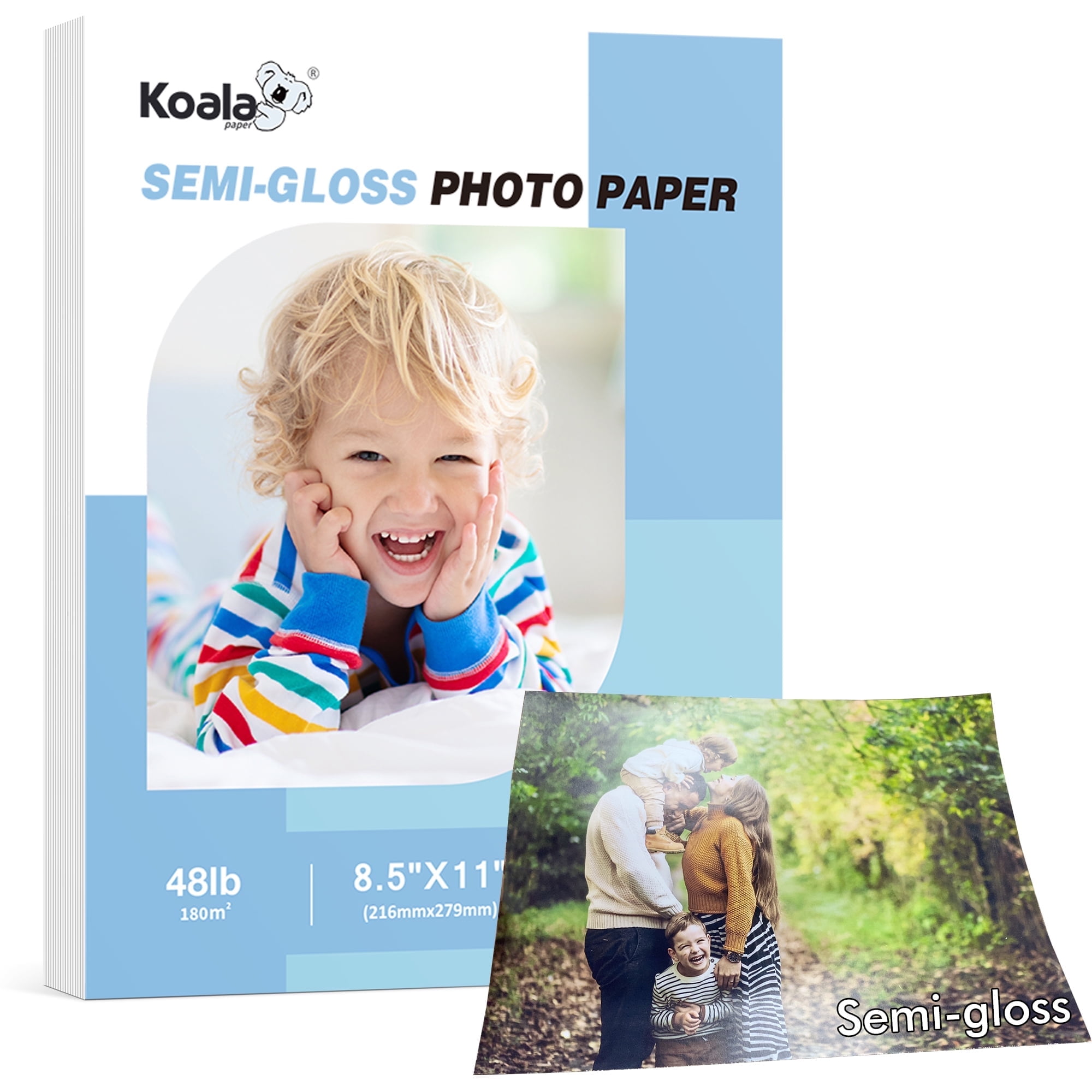 Koala Premium Semi-Glossy Photo Paper 8.5x11, Letter Size, 100 Sheets, 180gsm / 48LB for Inkjet ...
