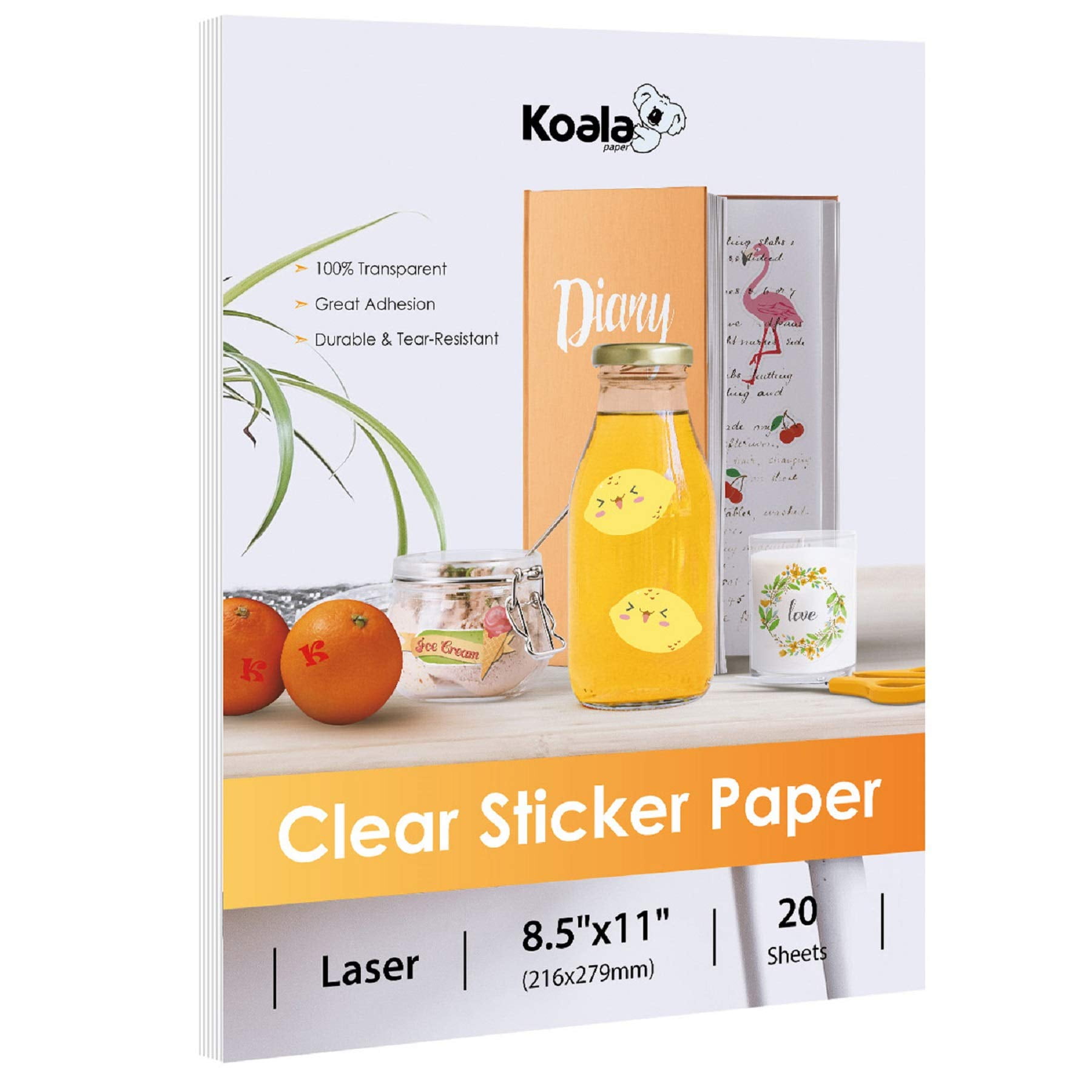 Koala Printable Clear Sticker Paper - ONLY for LASER Printer - 8.5x11 ...