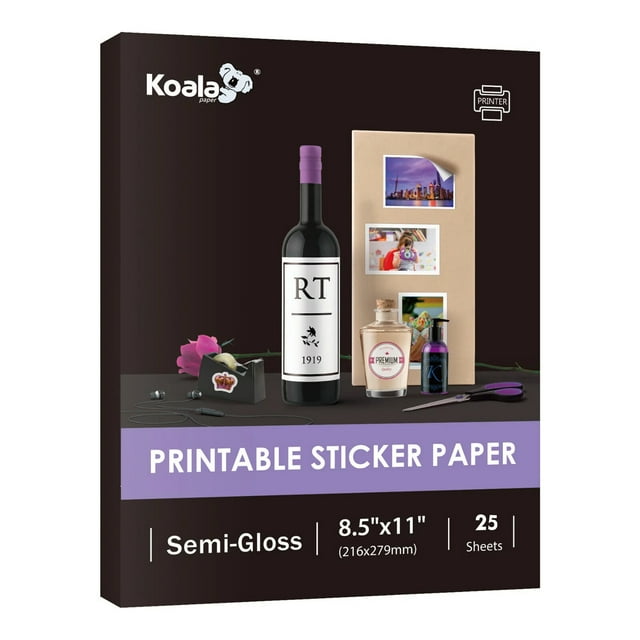 Koala Printable Sticker Paper 8.5x11 Semi-Gloss for Inkjet & Laser ...