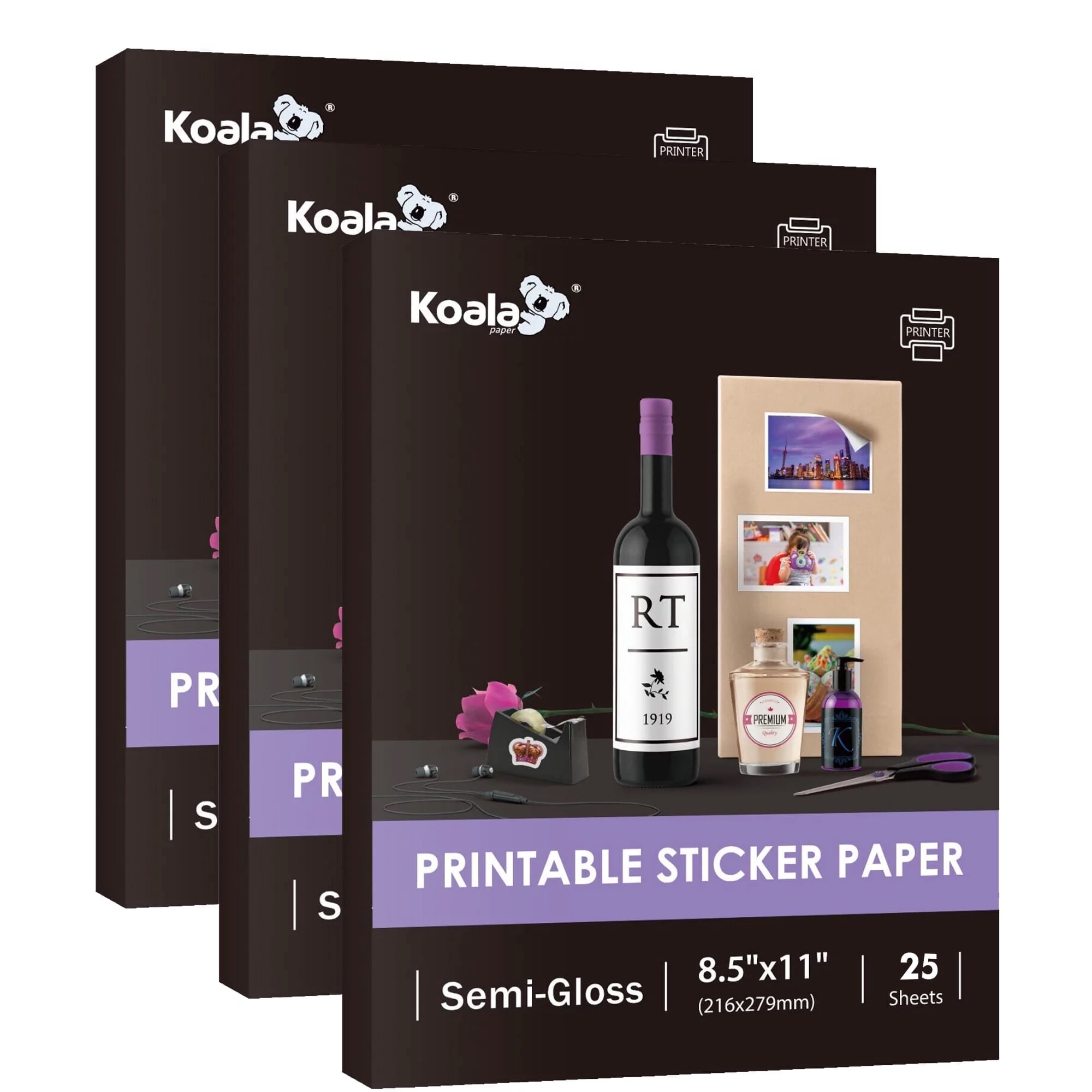 Koala Printable Sticker Paper 8.5x11 Semi-Gloss for Inkjet & Laser ...