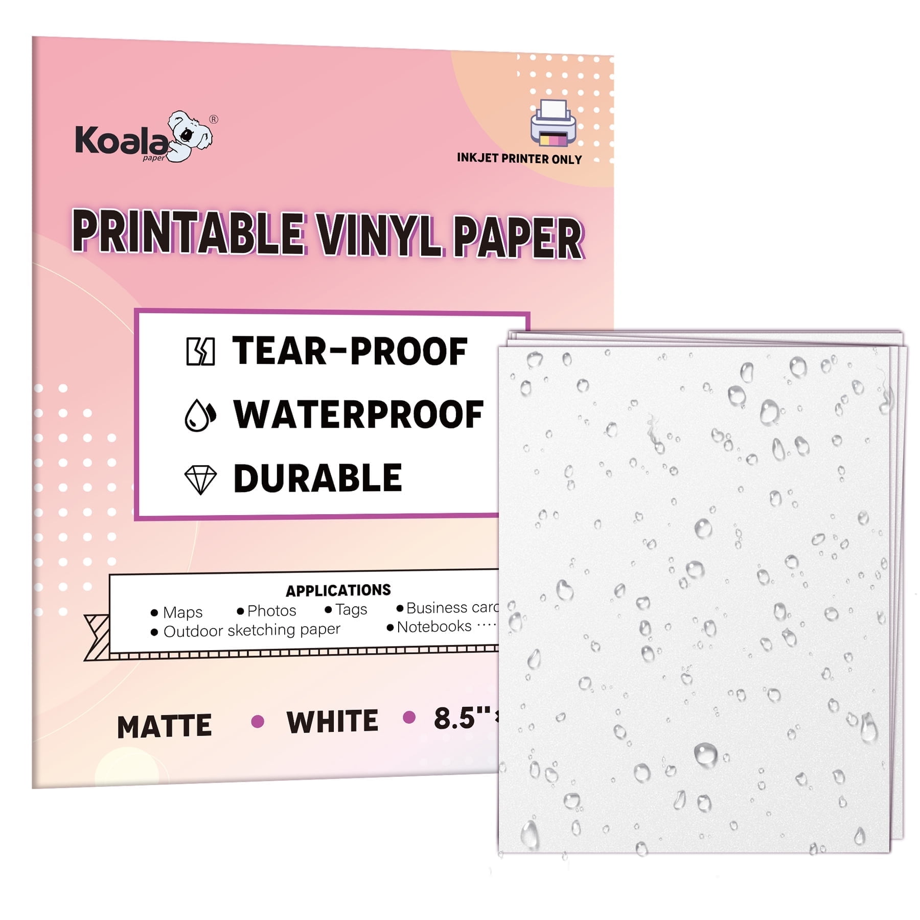 Koala Inkjet Printable Waterproof Vinyl Paper, 8.5x11 in, Matte White ...