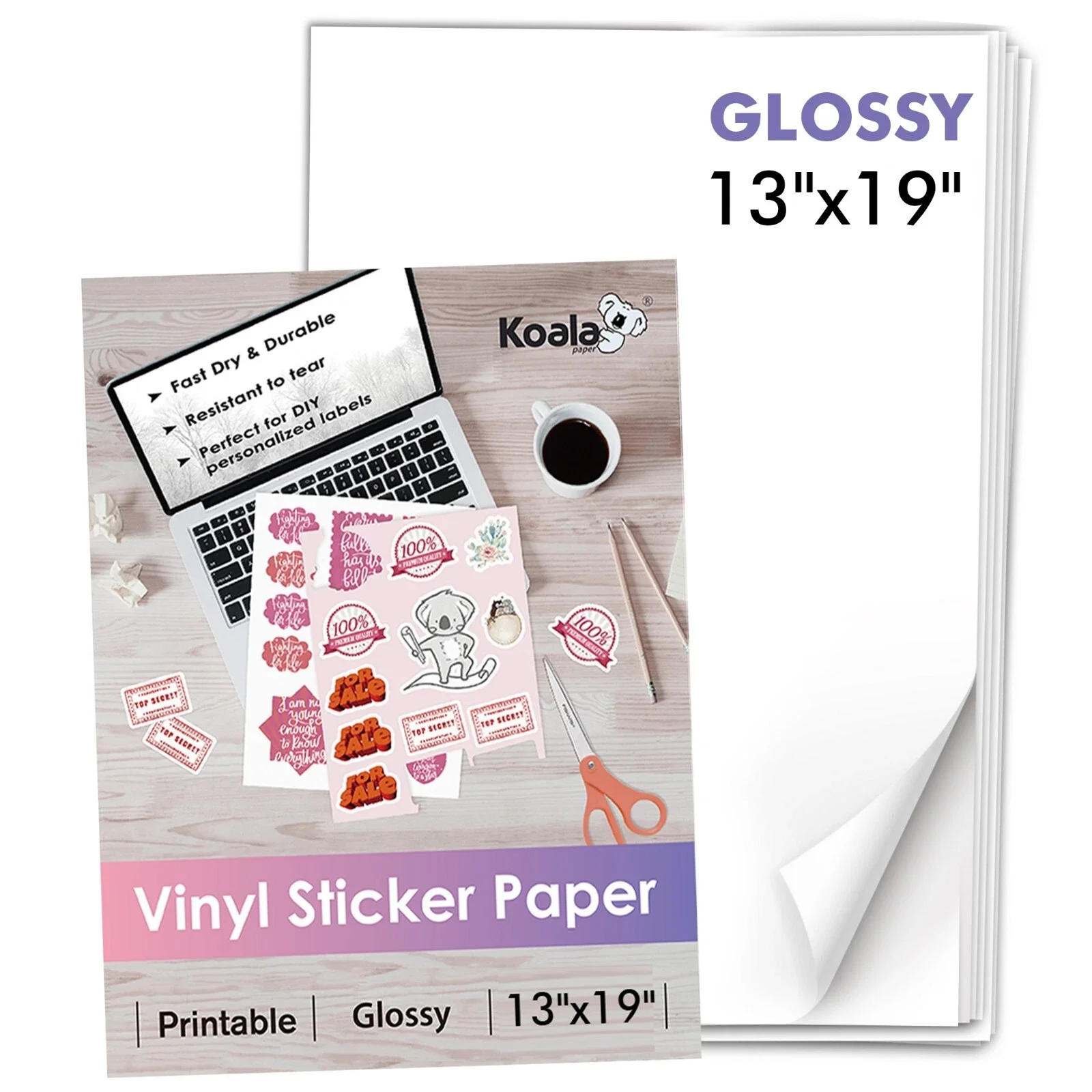 Koala Printable Vinyl Sticker Paper 13x19, Waterproof Glossy White, 30 ...
