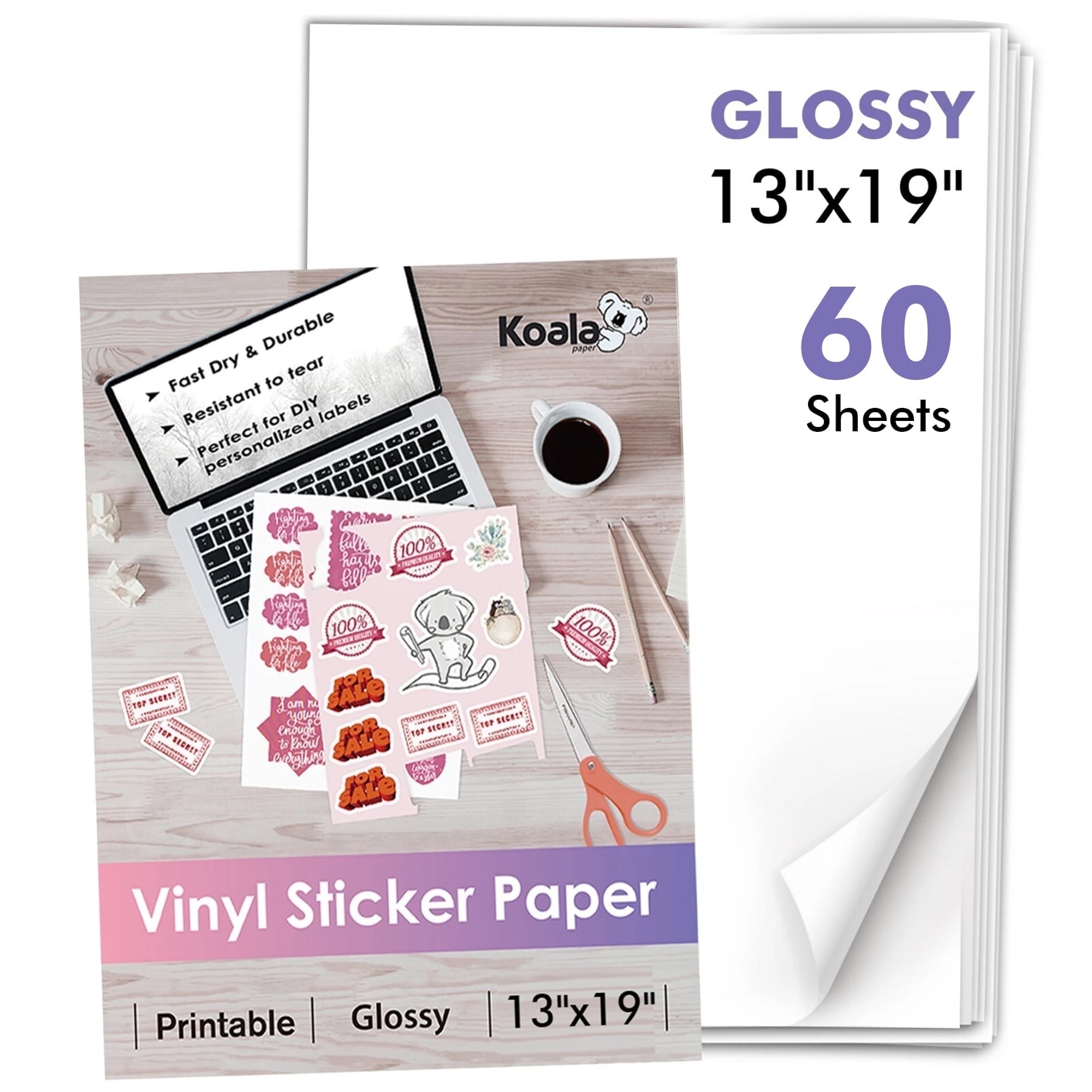 Koala Printable Vinyl Sticker Paper 13x19 for Inkjet + Laser Printers ...