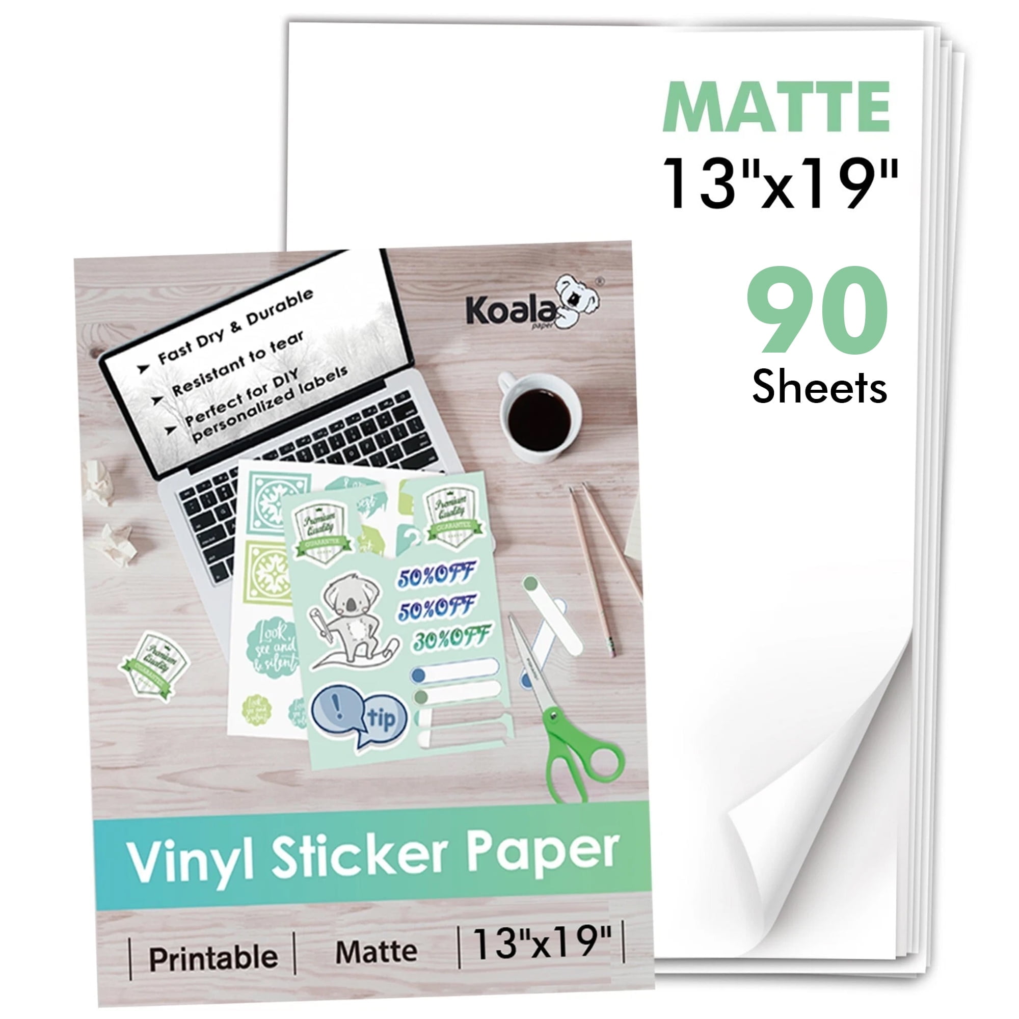 Koala Printable Vinyl Sticker Paper 13x19 for Inkjet + Laser Printers ...