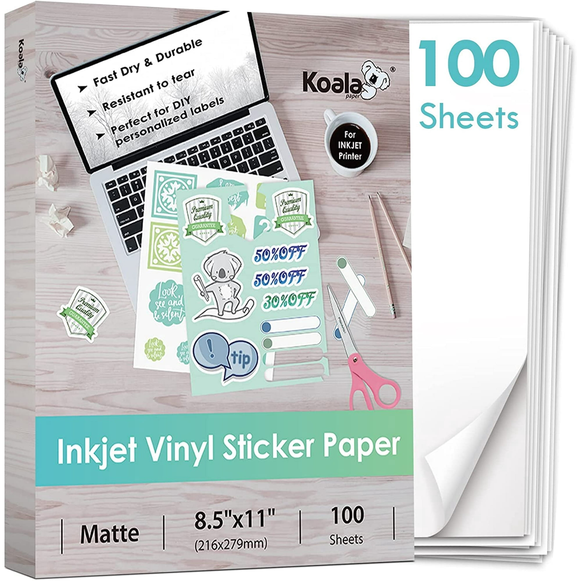 KOALA Printable Vinyl Sticker Paper, 8.5x11 Inch, 100 Sheets, Matte ...
