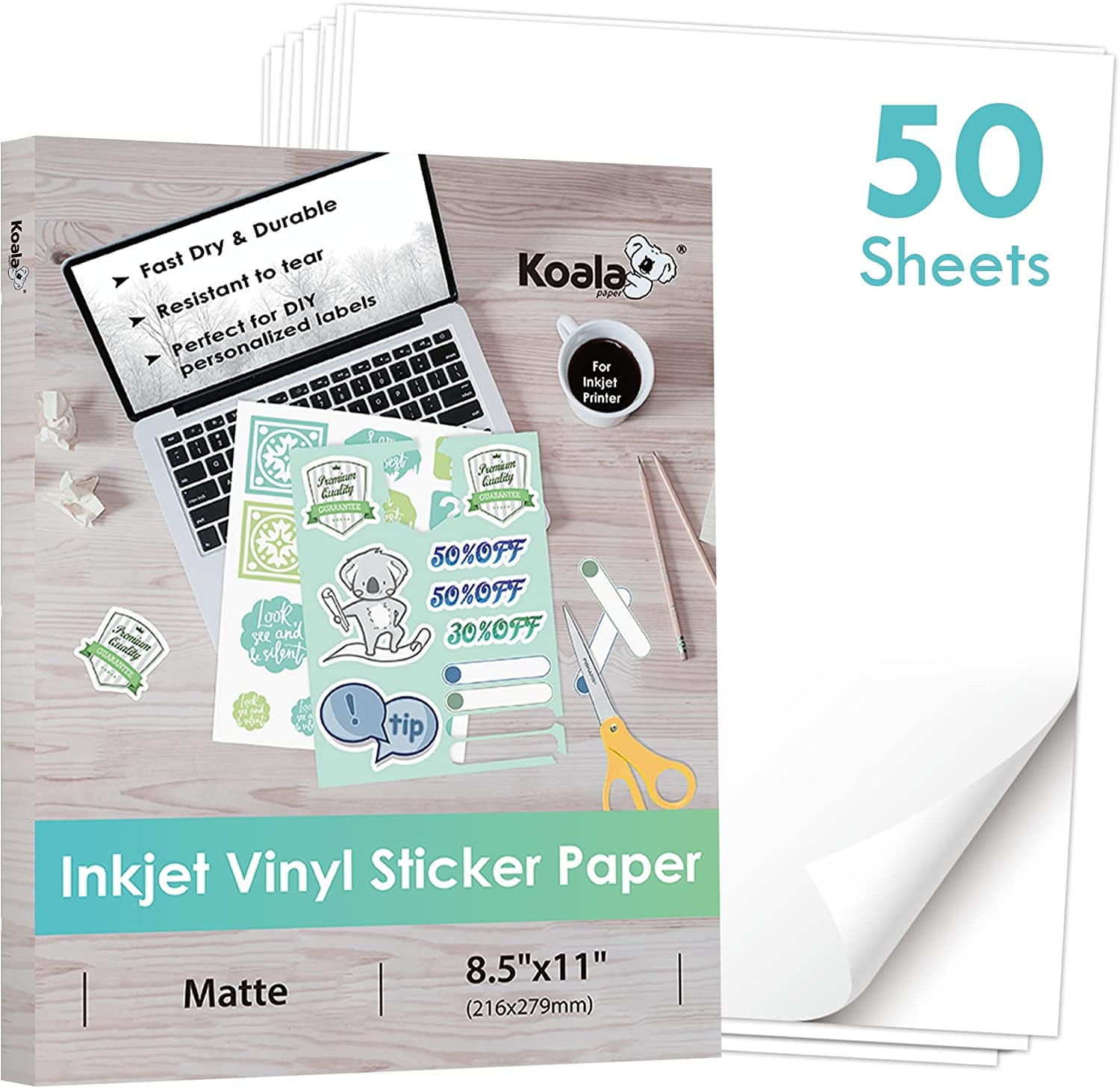Koala Printable Vinyl Sticker Paper for Inkjet Printers - 50 Sheets ...