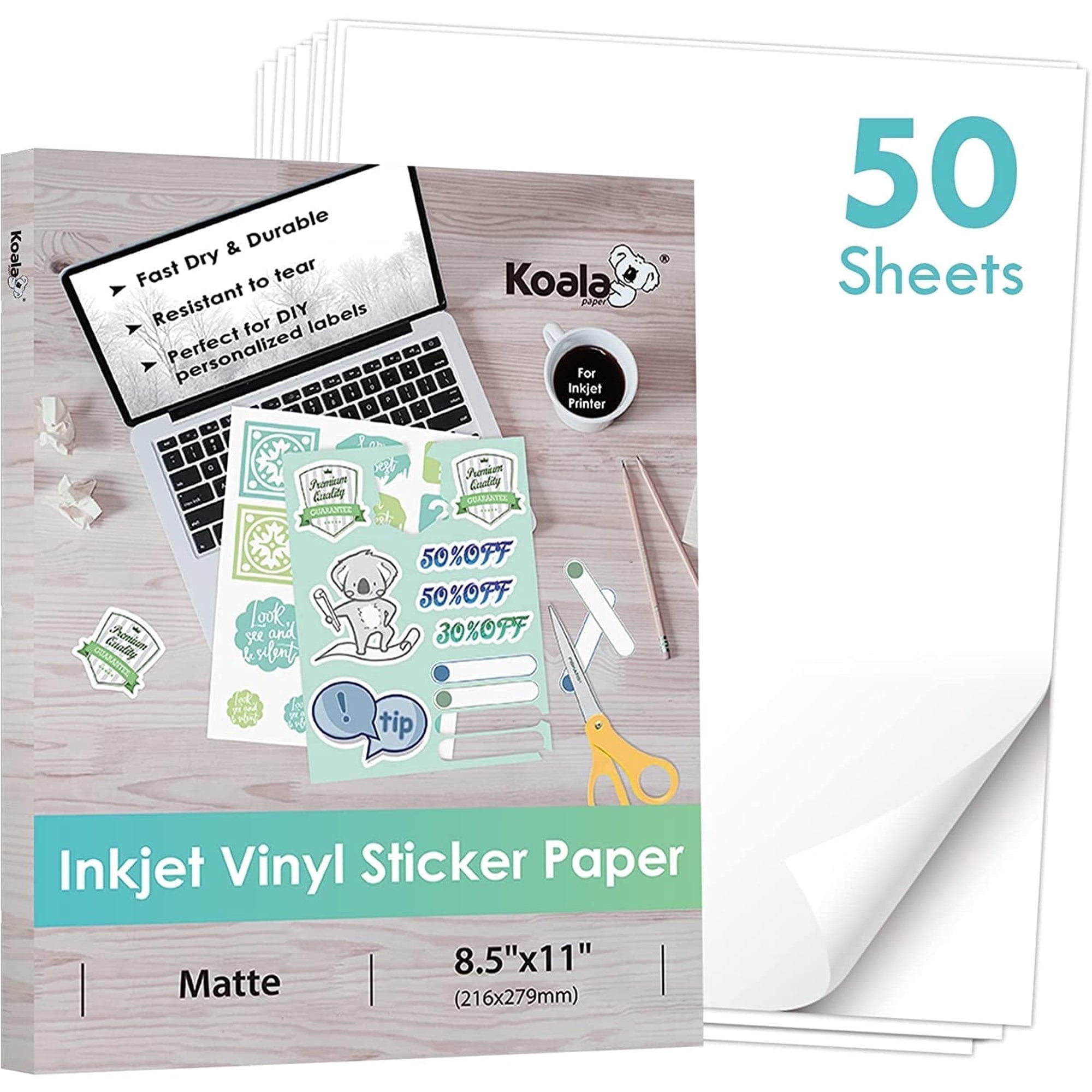 Koala Printable Vinyl Sticker Paper 8.5x11 inch for Inkjet Printers ...