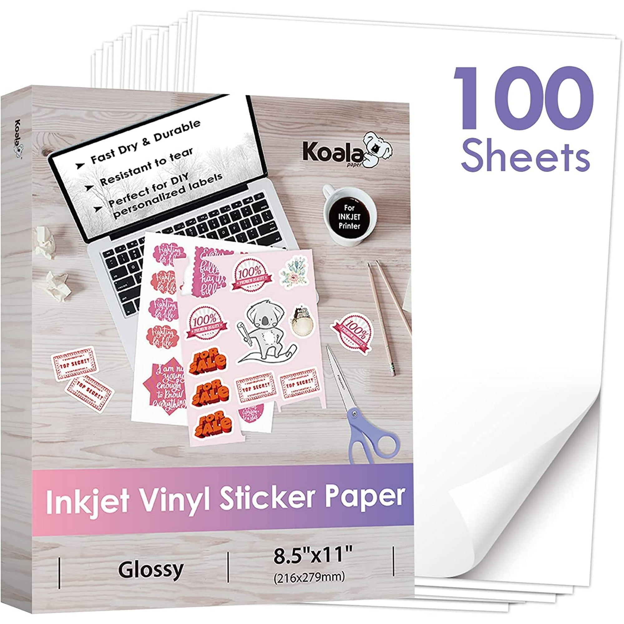 Koala Premium Gloss Vinyl Sticker Paper for Inkjet - 100 Sheets ...