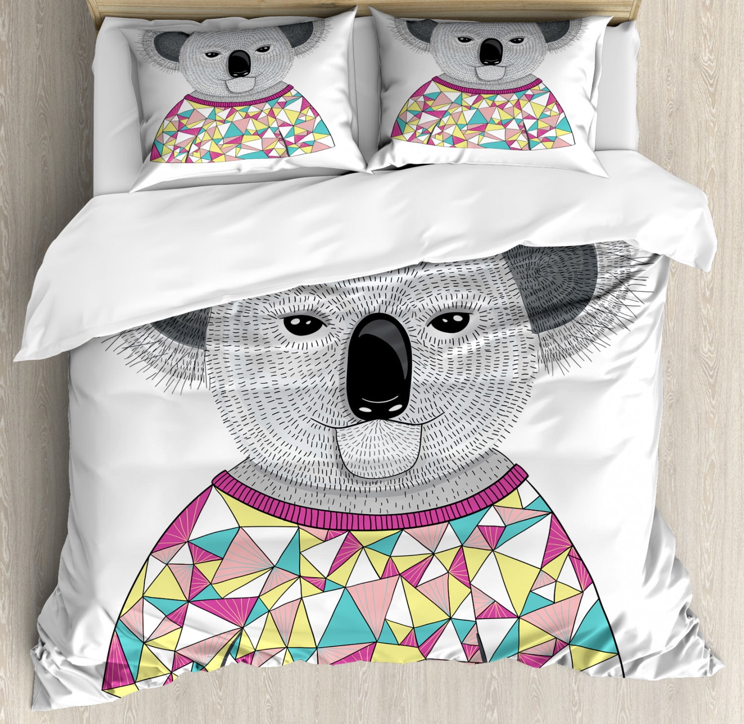 Koala Queen Size Duvet Cover Set, Hipster Koala with Colorful Polygonal ...