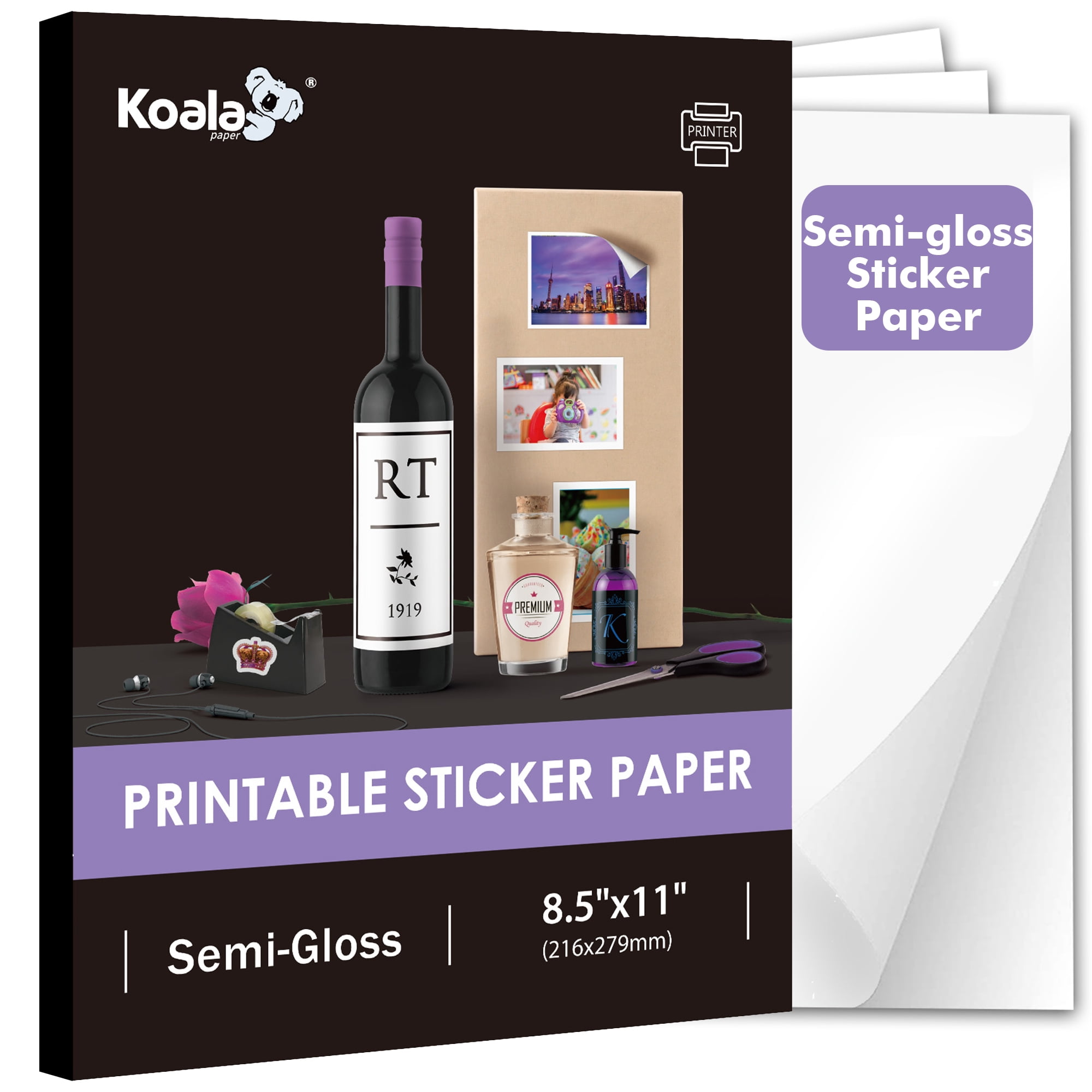 KOALA PAPER Semi Glossy Sticker Paper for Inkjet and Laser Printers, 8 ...