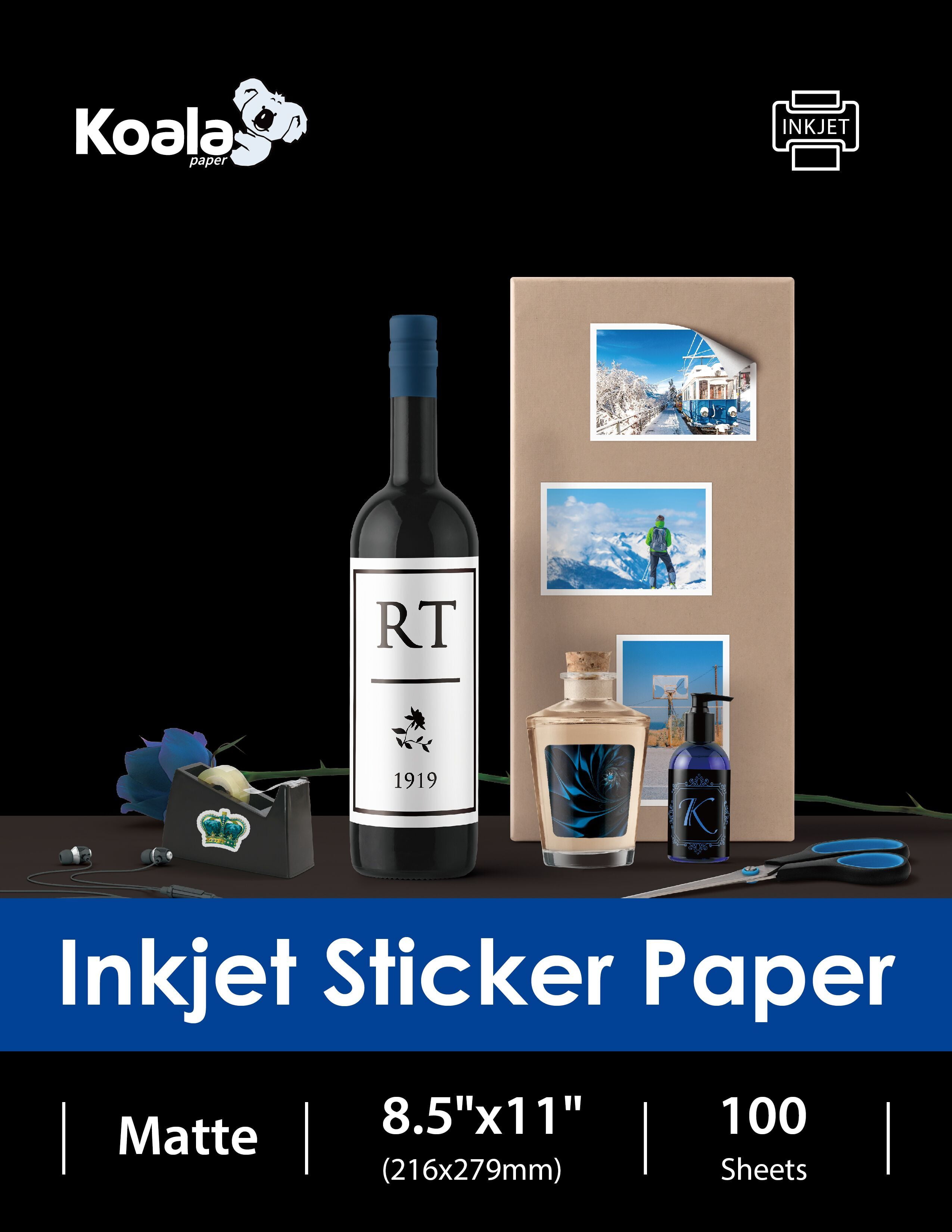 Koala Self-Adhesive Inkjet Printable Sticker Paper, Matte White, 8.5x11 ...