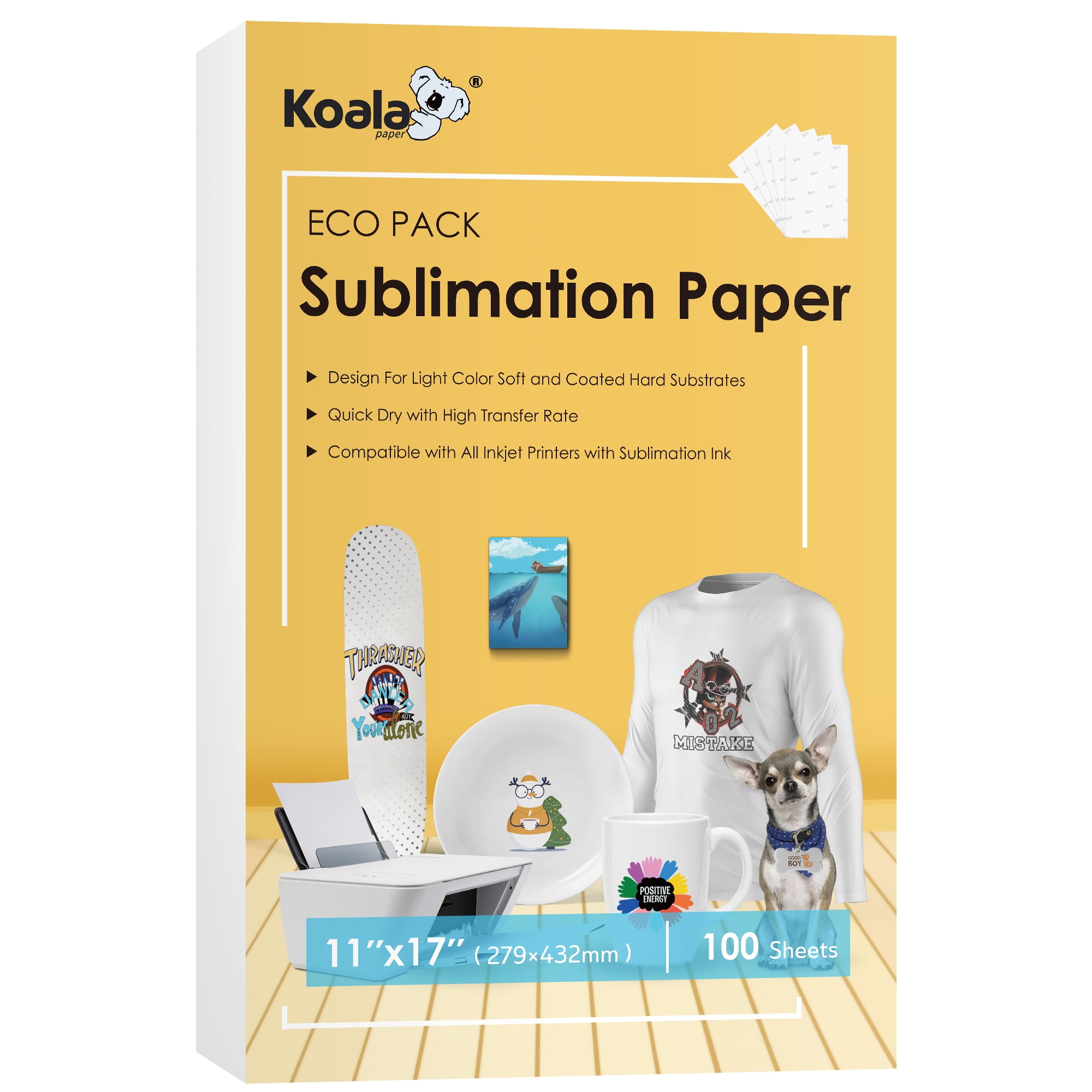 Koala 11X17 Sublimation Paper, 100 Sheets, Quick Dry, 115gsm for Inkjet ...