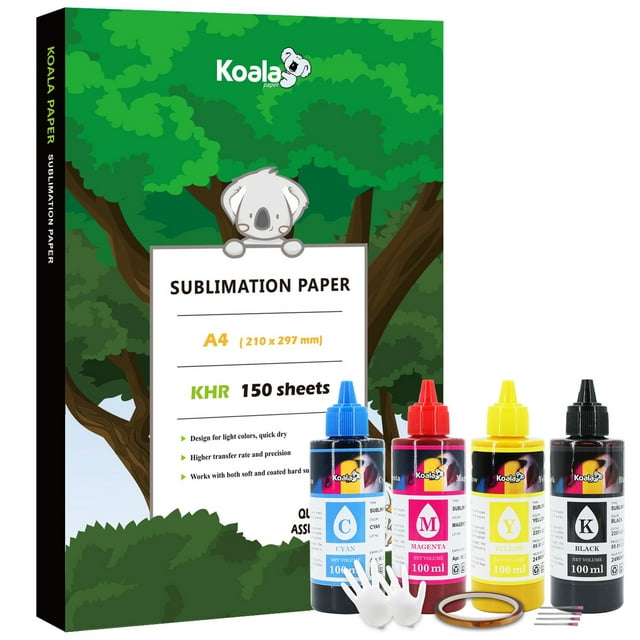 Koala Sublimation Paper and Ink Bundle Kit - 150 Sheets Koala Sublimation Paper A4 + 4X100ml ...