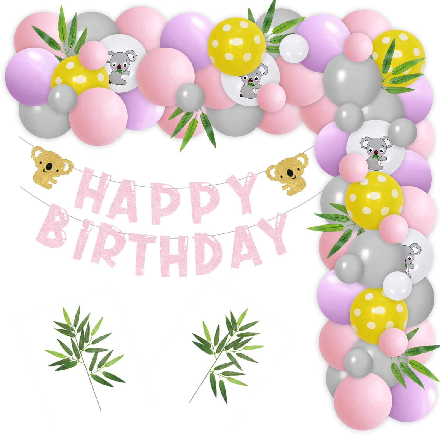 Koala Themed Birthday Party Decorations For Girl Pink Grey Balloon ...