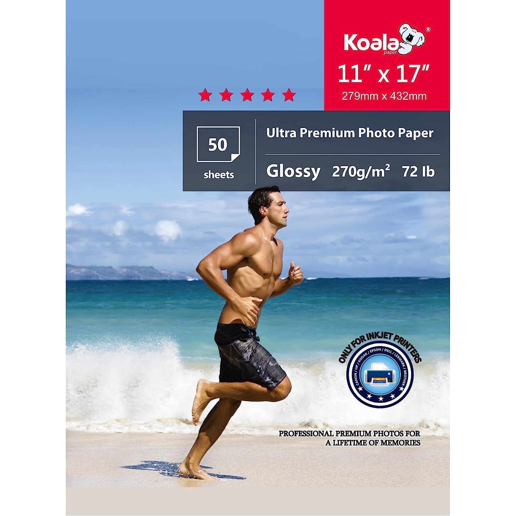 Koala Ultra Premium Photo Paper 11x17 Glossy, 72lb, 50 Sheets, for Inkjet PrinterS Water ...