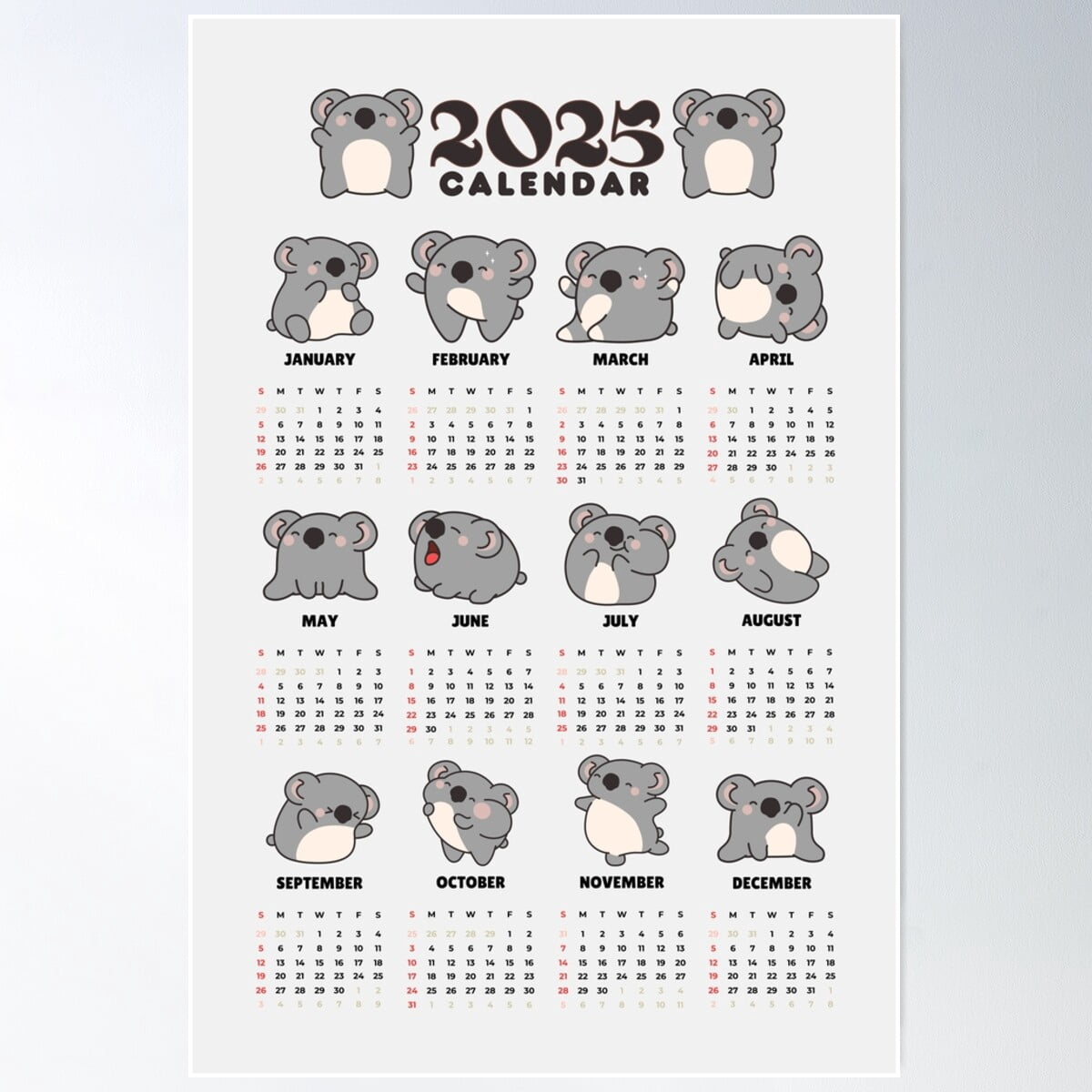 Koala Yearly Calendar 2025 Poster Wall Art, Modern Wall Decor For ...