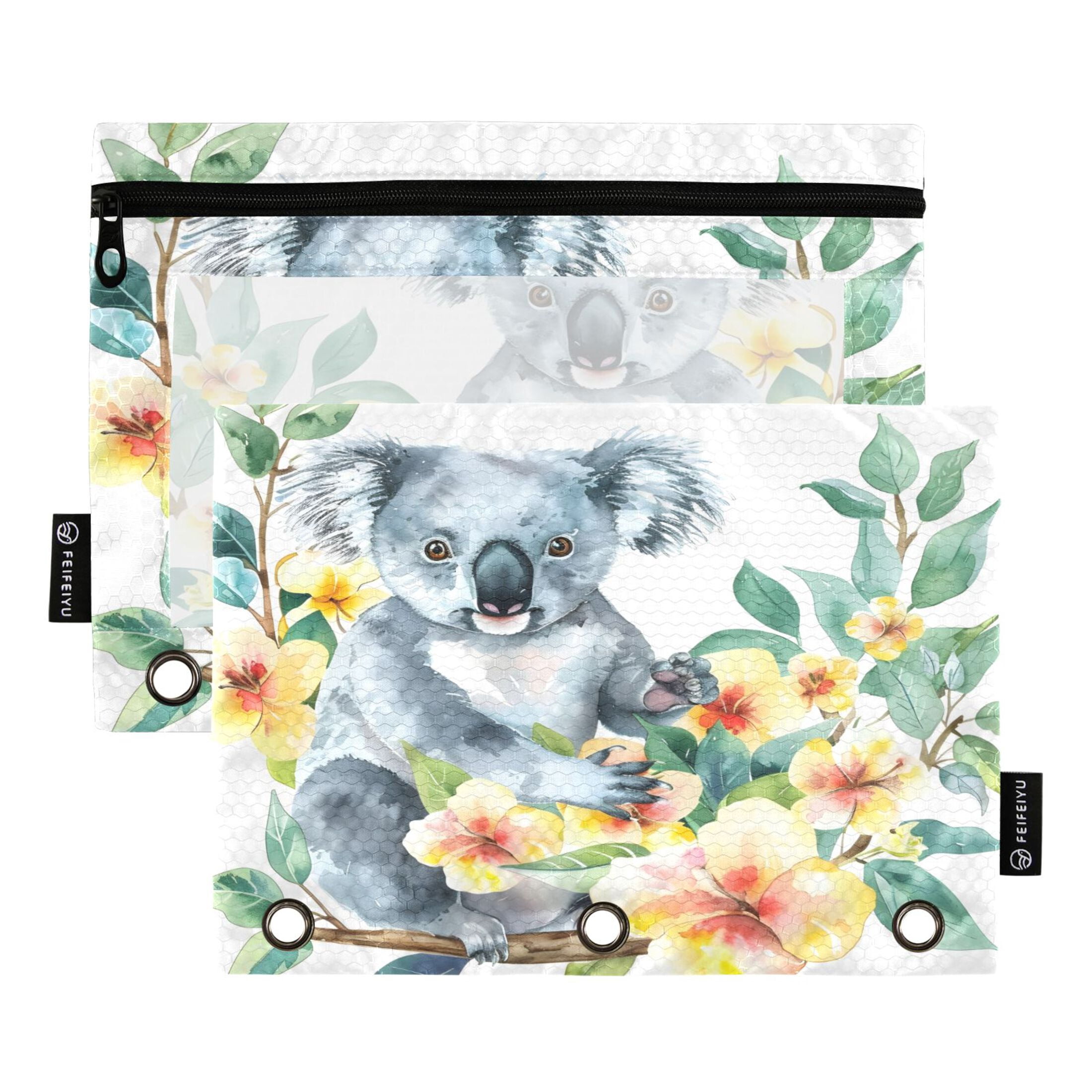 Koala with Flowers 2 Pack Pencil Pouch for 3 Ring Binder Smooth Zipper ...