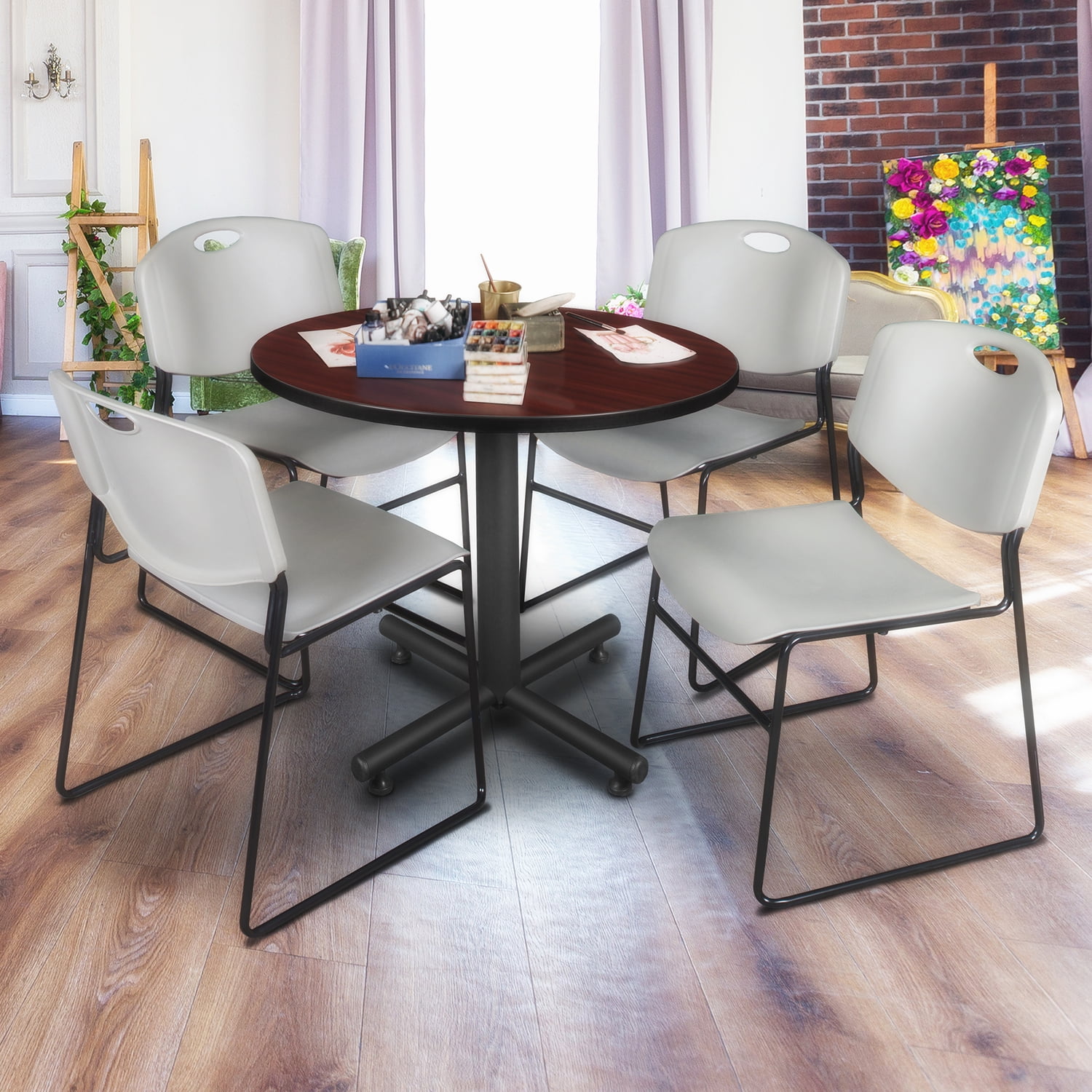 Kobe 36" Round Breakroom Table- Mahogany & 4 Zeng Stack Chairs- Grey ...