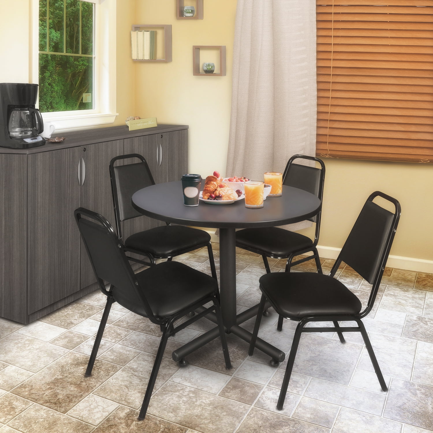 Regency Kobe 36" Round Breakroom Table- Grey & 4 Restaurant Stack ...