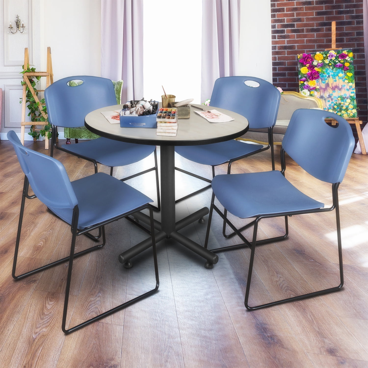 Regency Kobe 42 in. Round X-Base Breakroom Table- Maple, 4 Zeng Stack ...