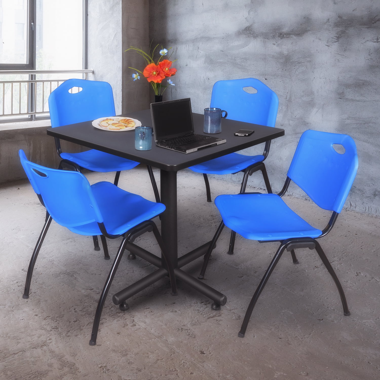 Kobe 42" Square Breakroom Table- Grey & 4 'M' Stack Chairs- Blue ...