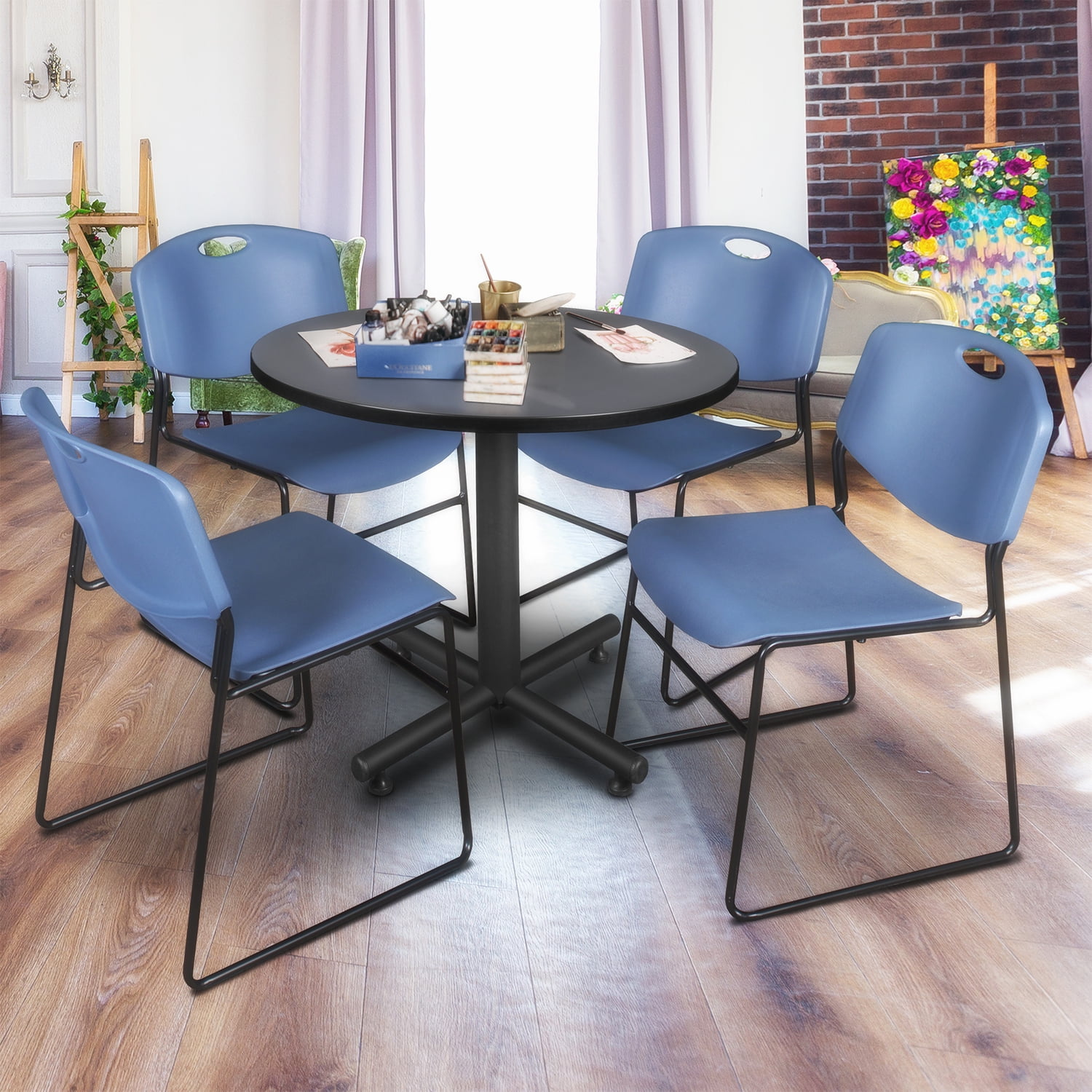 Kobe 42in. Round Breakroom Table- Grey & 4 Zeng Stack Chairs- Blue ...