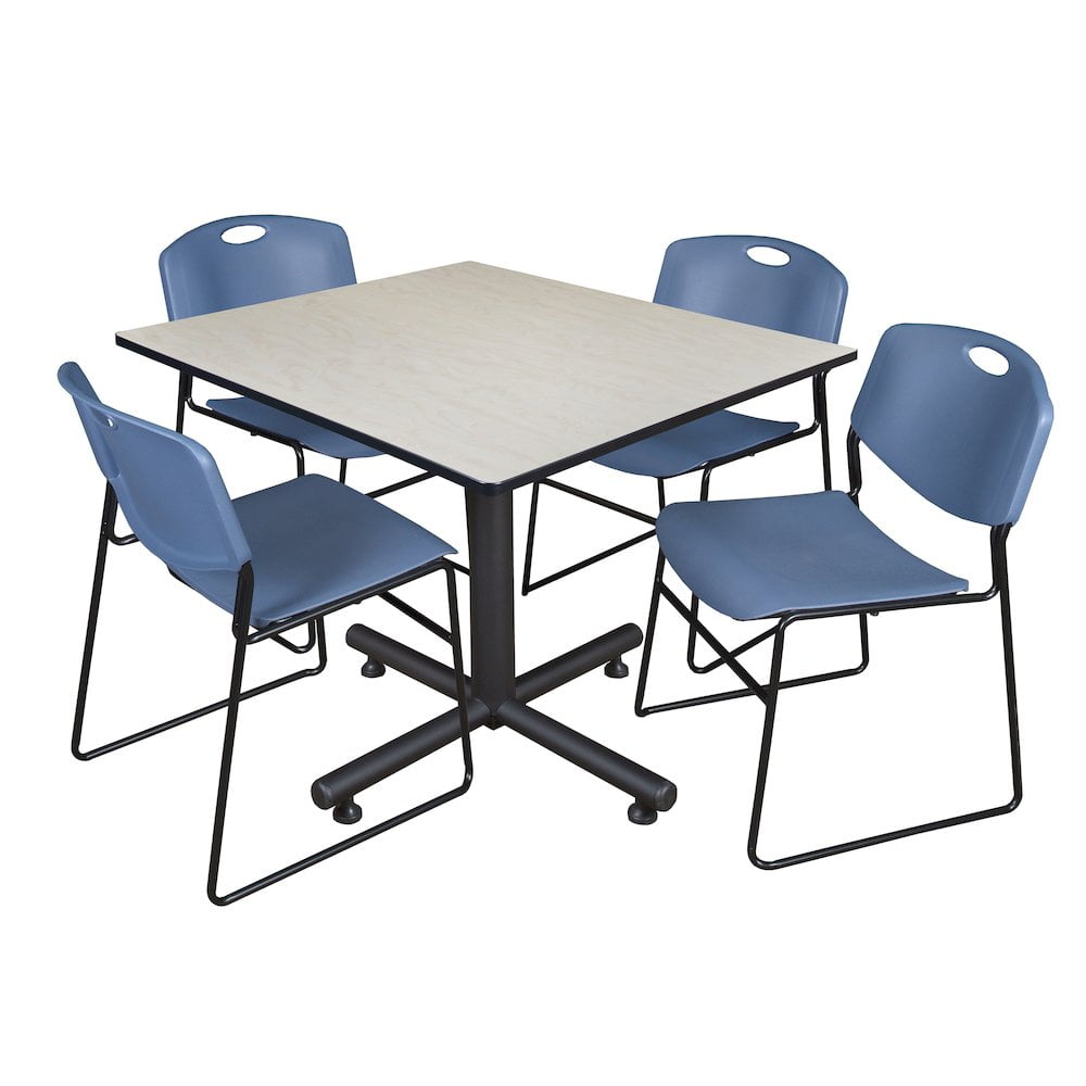 Regency 48 in. Square Breakroom Table- Maple, 4 Zeng Stack Chairs- Blue ...