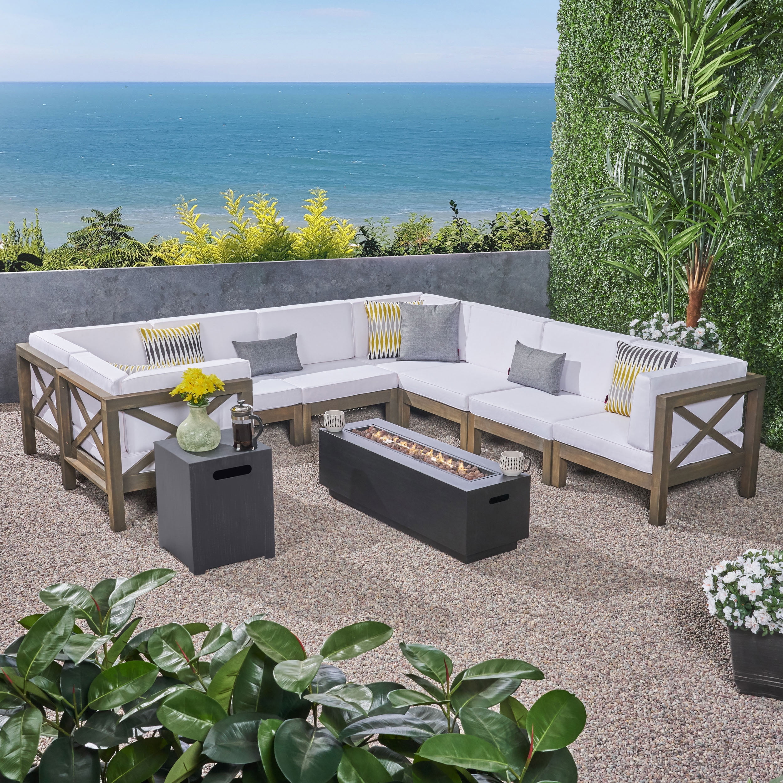 Kobe Outdoor 10 Piece Acacia Wood Sectional Sofa Set with Cushions and Fire Pit Gray White Dark Gray Walmart