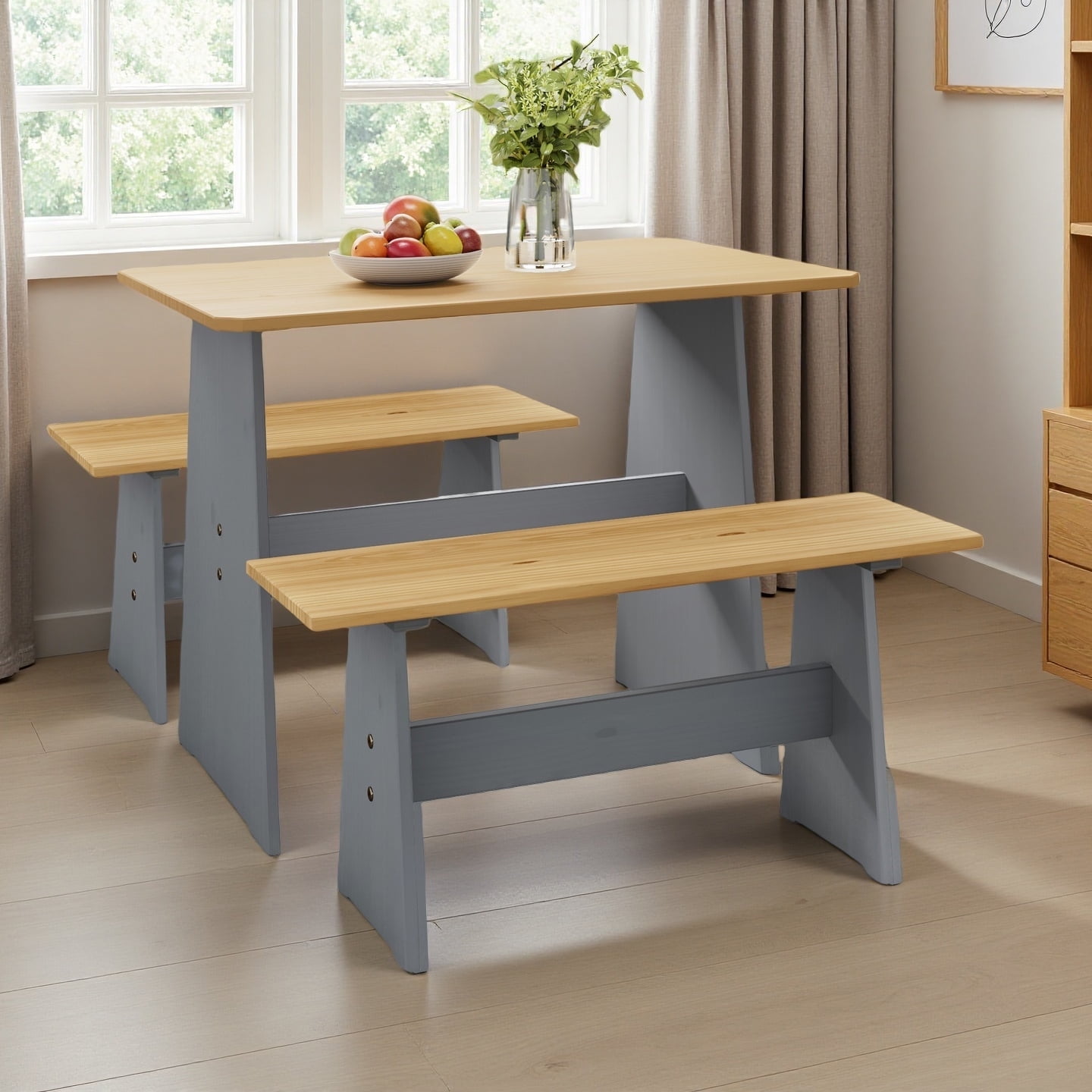 Koby Home 3 Piece Casual Dining 2-Tone Natural/Grey Solid Pine Wood ...