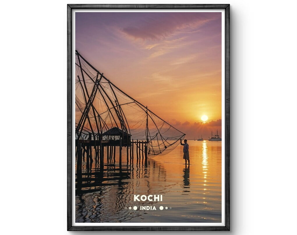 Kochi India Vintage Poster - Stunning Sunset And Chinese Fishing Nets ...