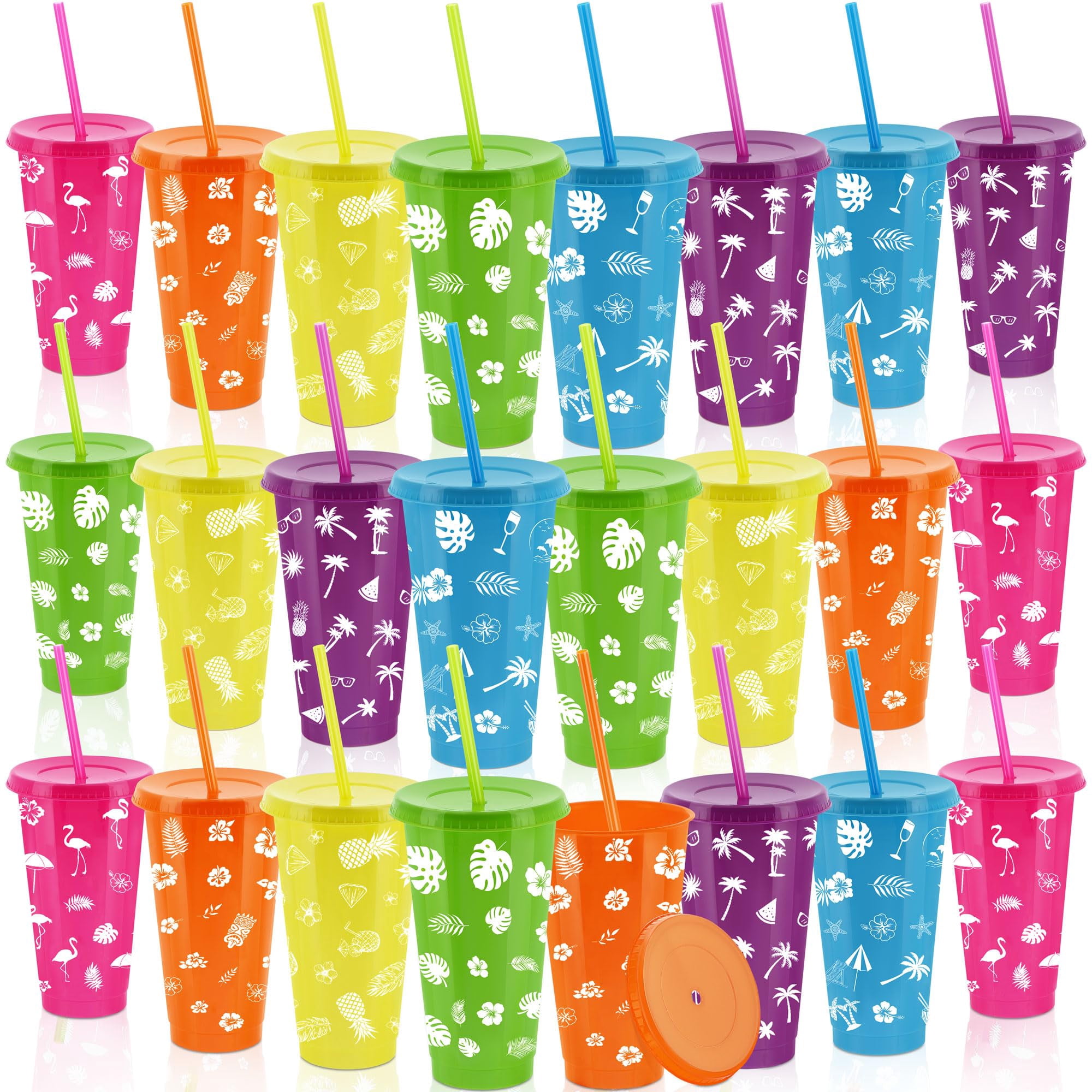 Kochorie 24 Pieces 24 oz Hawaiian Cups Luau Tumbler Cups with Straw and ...