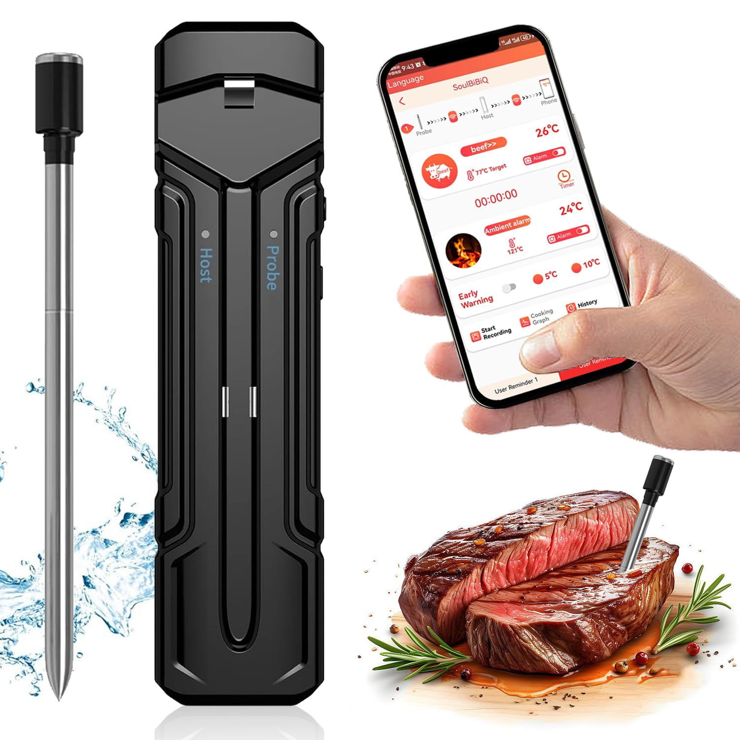 Wiher Wireless Meat Thermometer, 500FT Digital Meat Thermometer, Grill ...