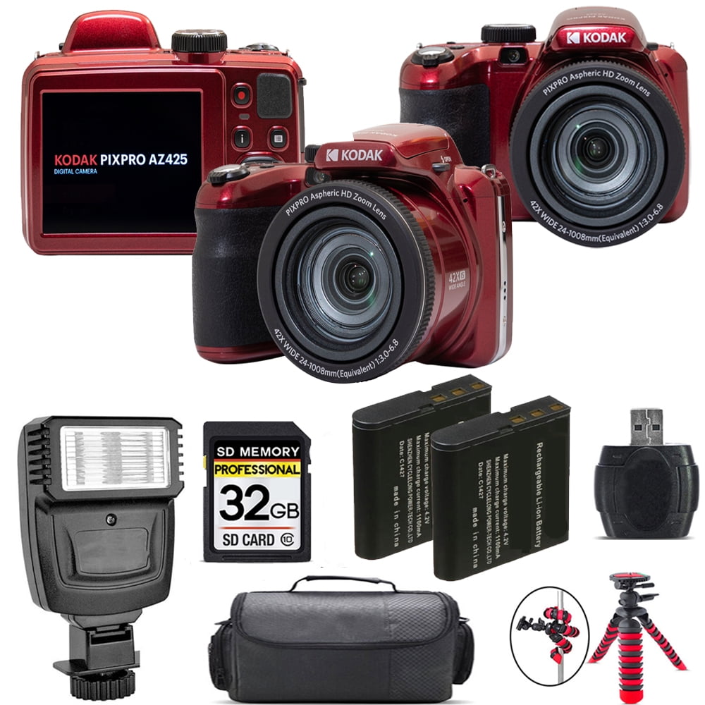 Kodak PIXPRO AZ425 Digital Camera Bundle - Red, Extra Battery, Flash ...