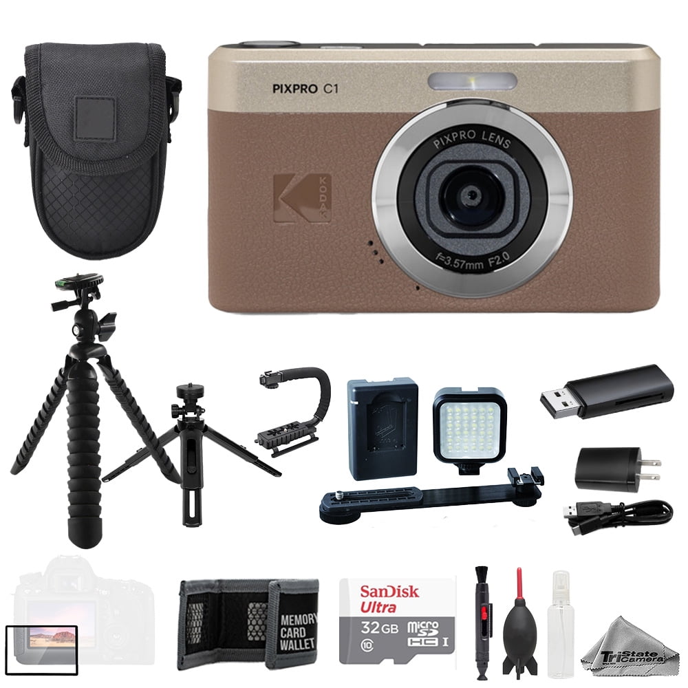 Kodak PIXPRO C1 Compact Digital Camera Brown + 32GB + Ext Batt+ LED ...