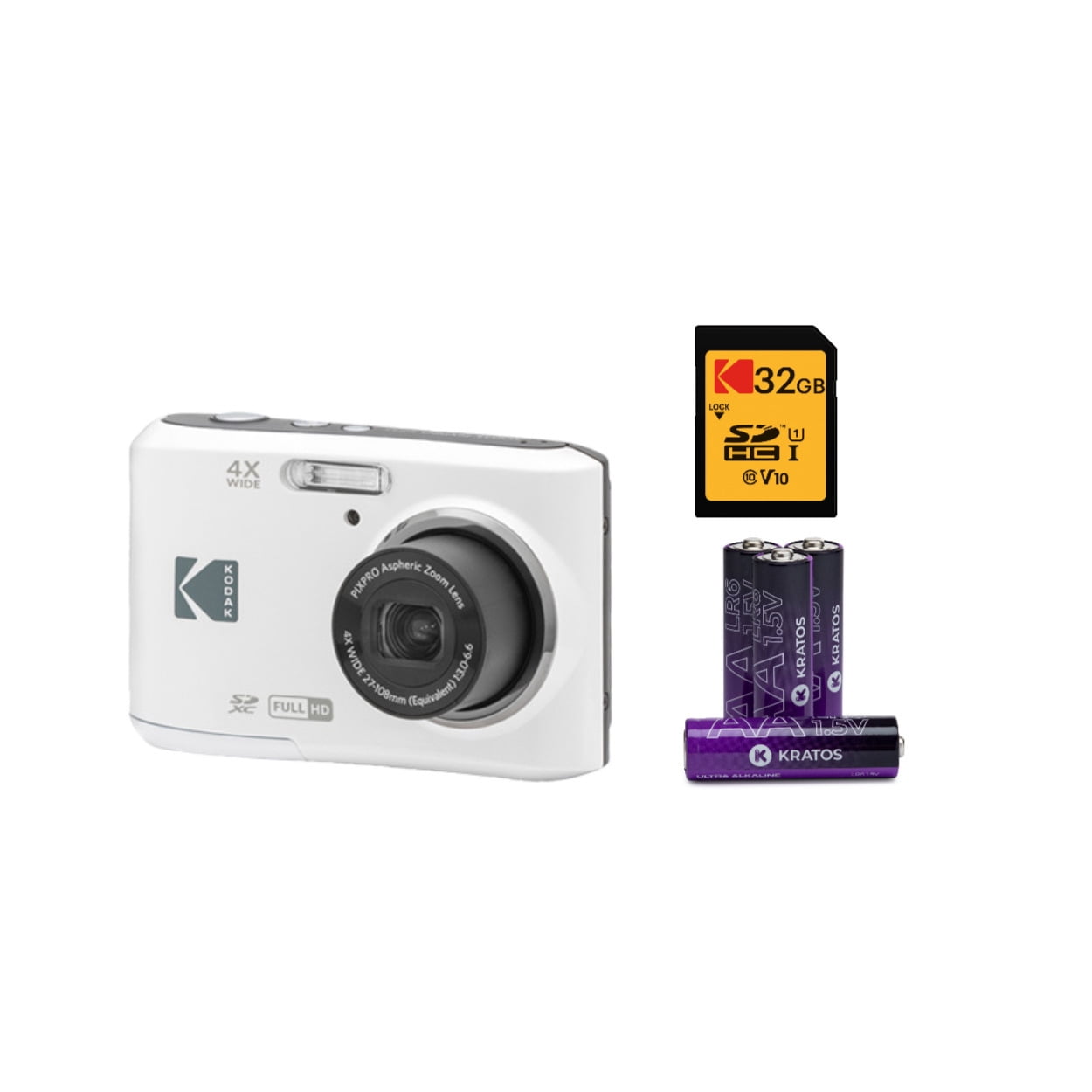 Kodak PIXPRO FZ45 Camera Bundle (White) - 32GB SD Card, 4 AA Batteries ...