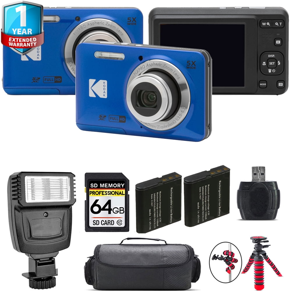 Kodak PIXPRO FZ55 Blue Digital Camera, 64GB Kit with 1 Year Warranty ...