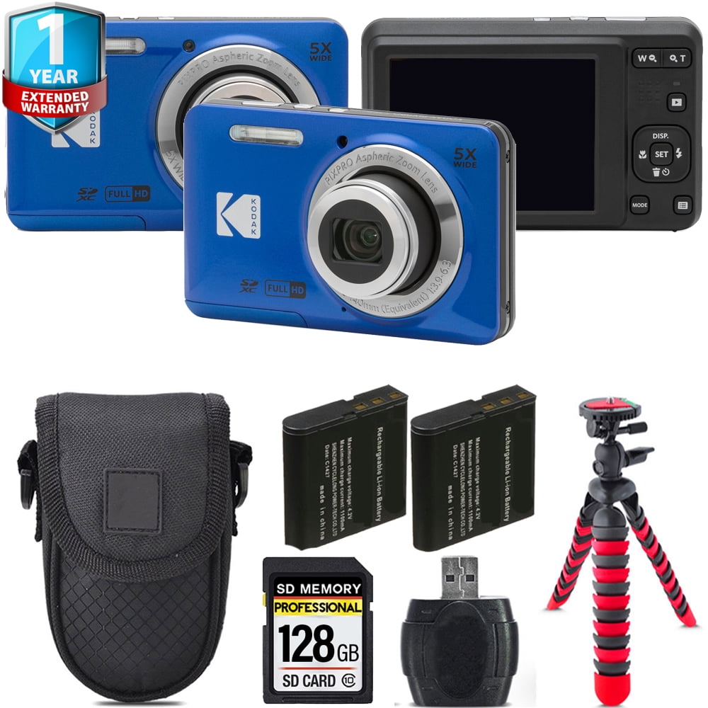 Kodak PIXPRO FZ55 Camera Bundle (Blue) - 128GB Kit with Extra Battery ...