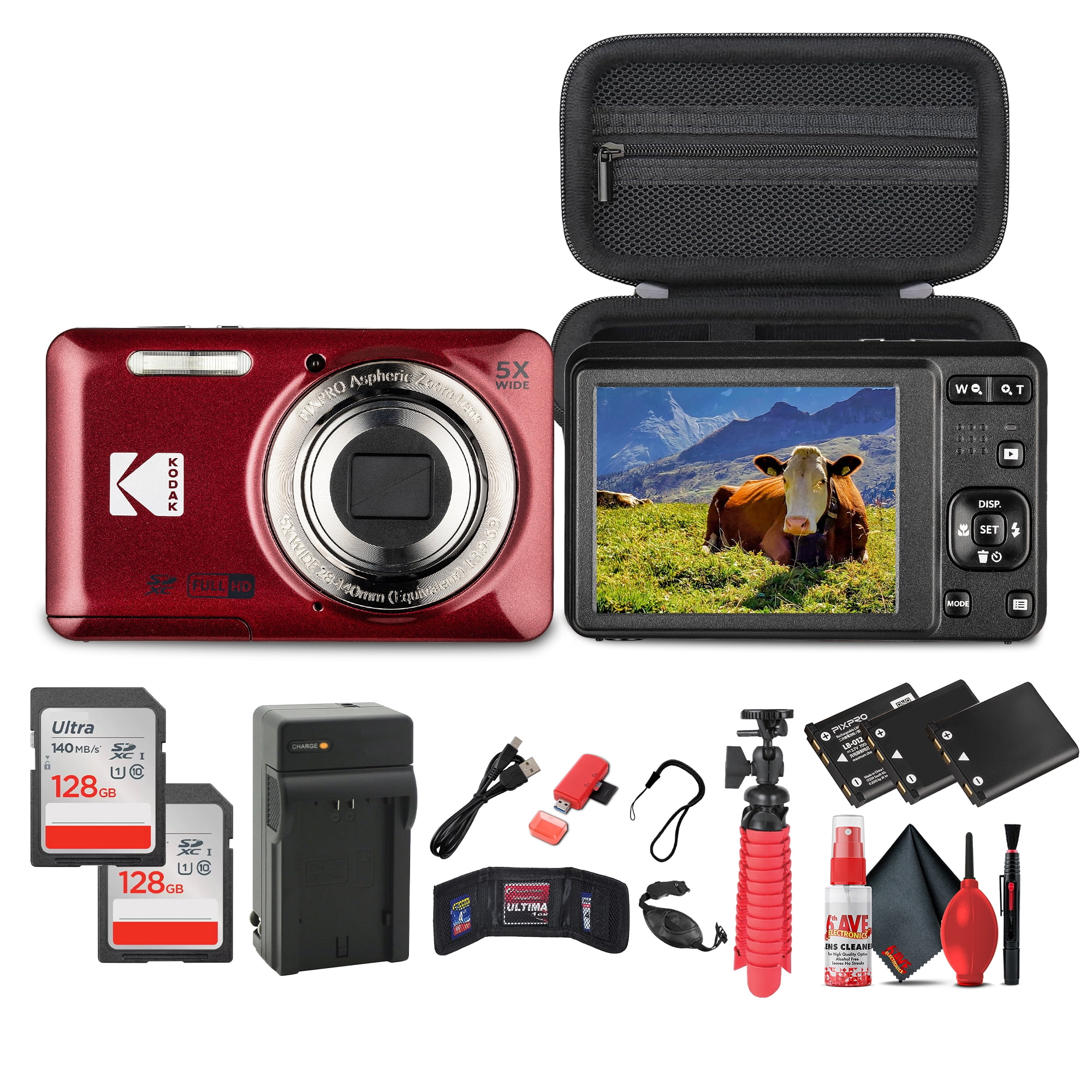 Kodak Pixpro FZ55 Digital Camera (Red) Bundle Including: 2x 128 GB ...