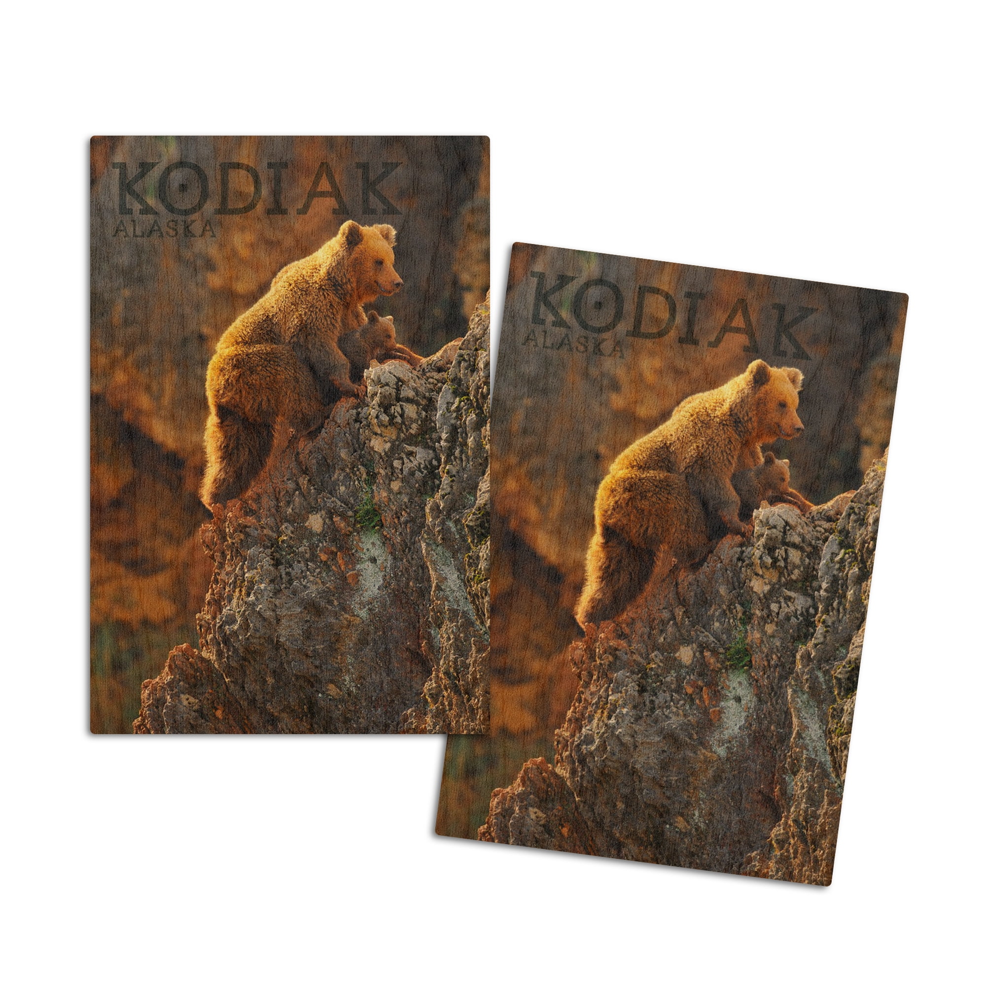 Kodiak, Alaska, Grizzly Bear and Cub Climbing (4x6 Birch Wood Postcards ...