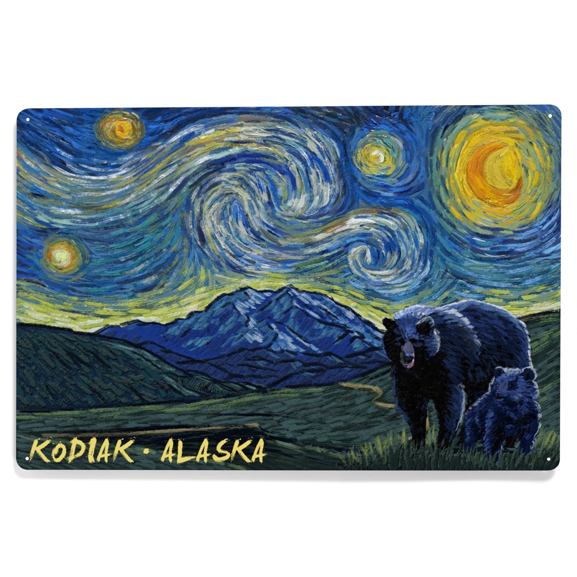 Kodiak, Alaska, Starry Night, Grizzly Bear and Cub (12x18 Aluminum Art ...