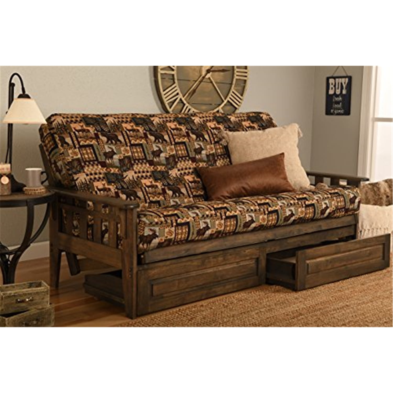 Kodiak Furniture Tucson Rustic Walnut Futon with Multi-Color Fabric ...