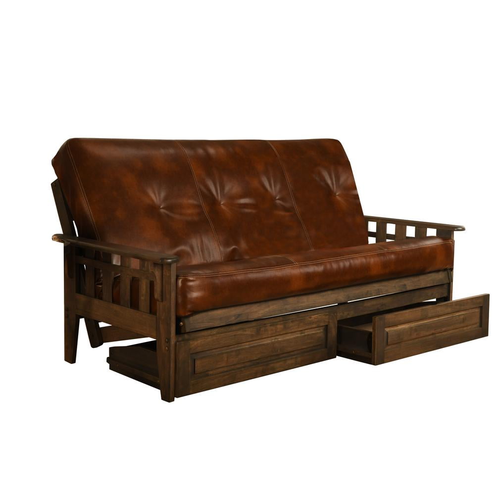 Kodiak Furniture Tucson Rustic Walnut Futon with Storage & Saddle Brown ...