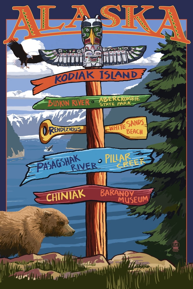 Kodiak Island, Alaska, Destinations Sign (16x24 Giclee Gallery Art ...