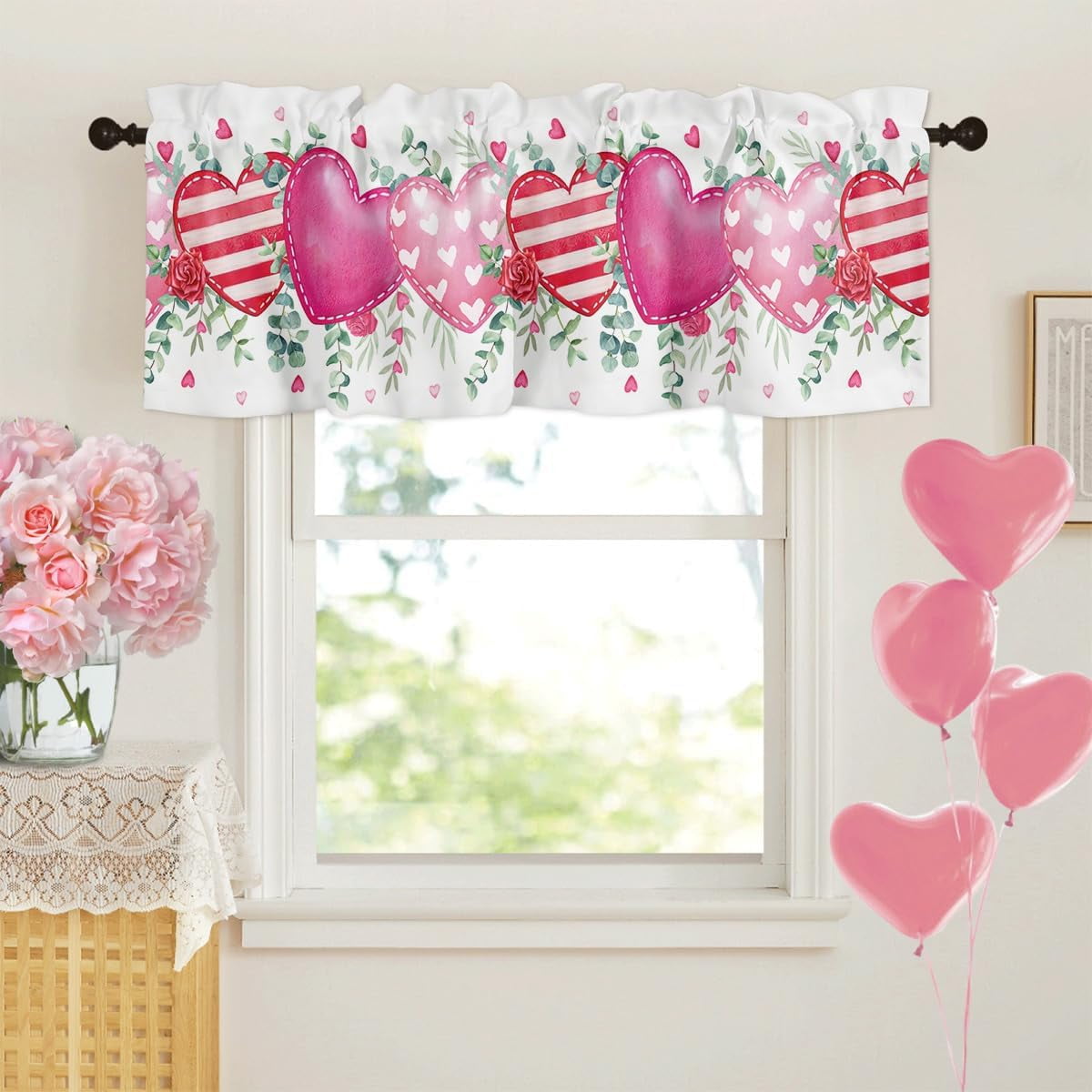 Koesnbre Heart Valances for Windows Pink Love Heart Kitchen Curtain ...