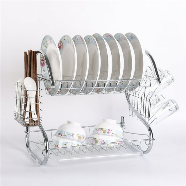 kogiio Stainless Steel 2-Tier Dish Drying Rack, Silver, with Drain ...