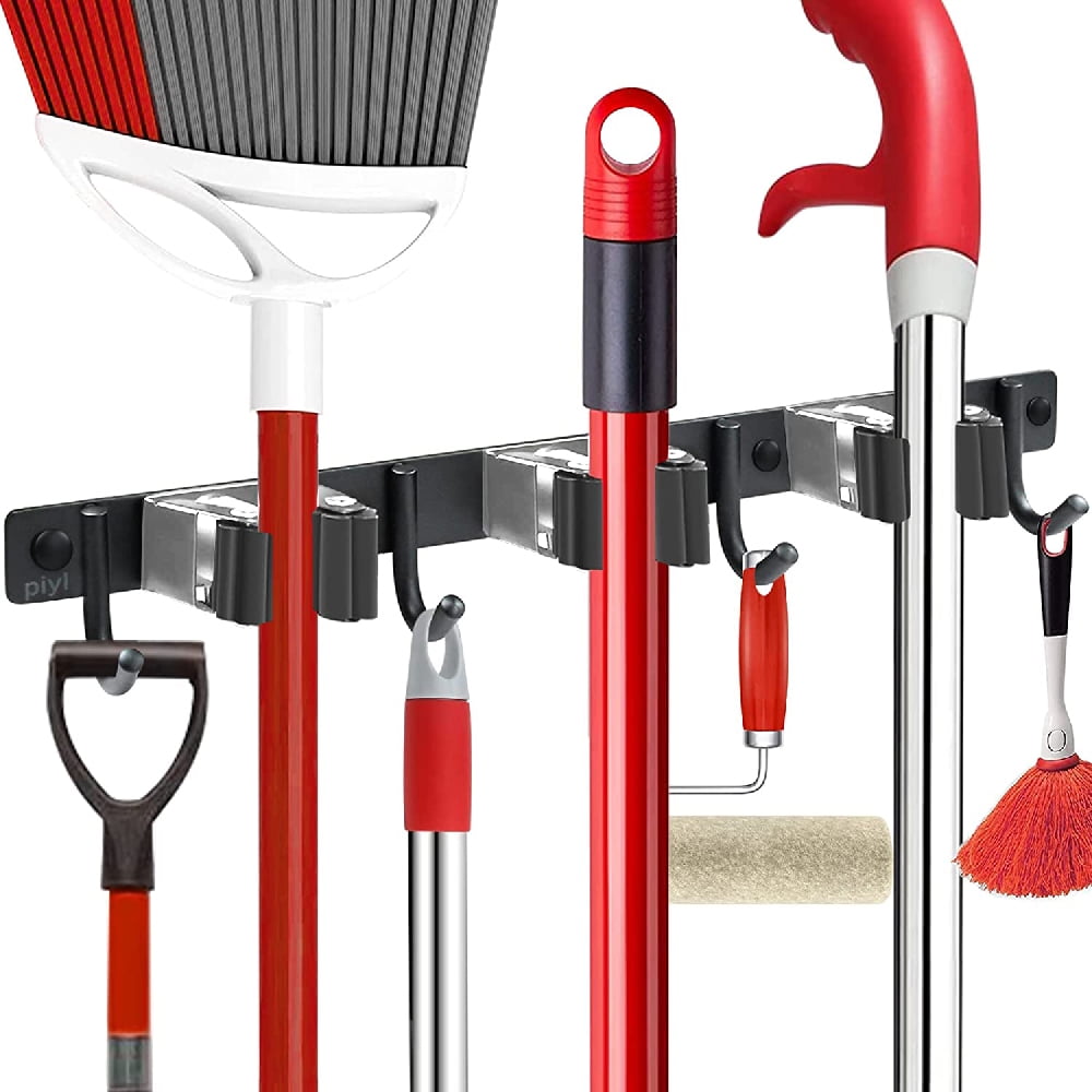 Kogiio Mop & Broom Holder, Wall Mounted, 3 Clips, 4 Hooks, Heavy Metal ...