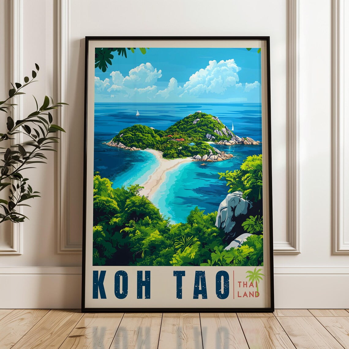 Koh Tao Travel Poster - Thailand Wall Art Print, Chumphon Illustration Artwork, Gulf Home ...