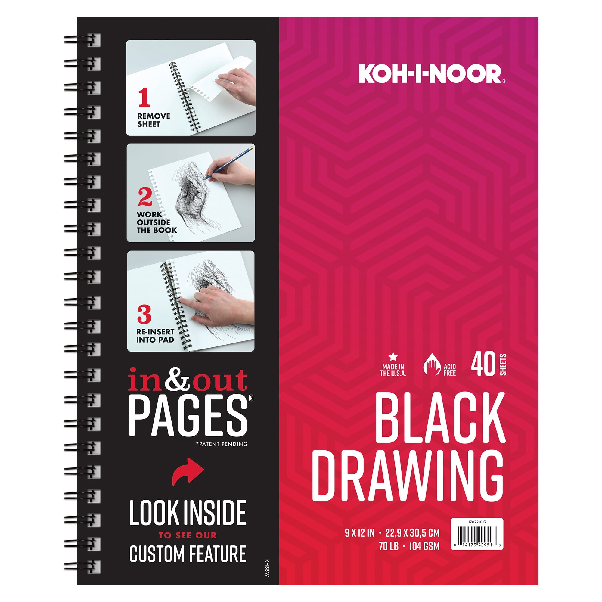 Kohinoor 9" x 12" 70lb./104GSM Black Drawing Pad 40 Paper Sheets Side ...