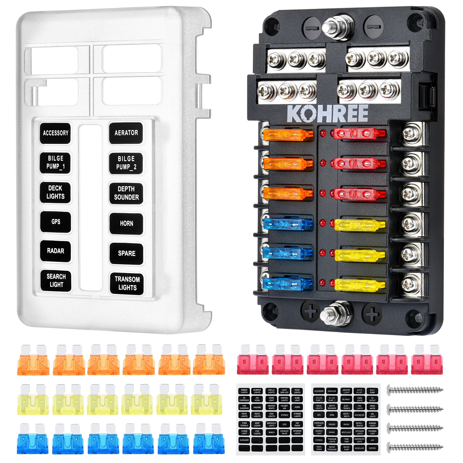 Kohree 12 Way 12V Fuse Block Marine,t Fuse Block Waterproof with LED ...